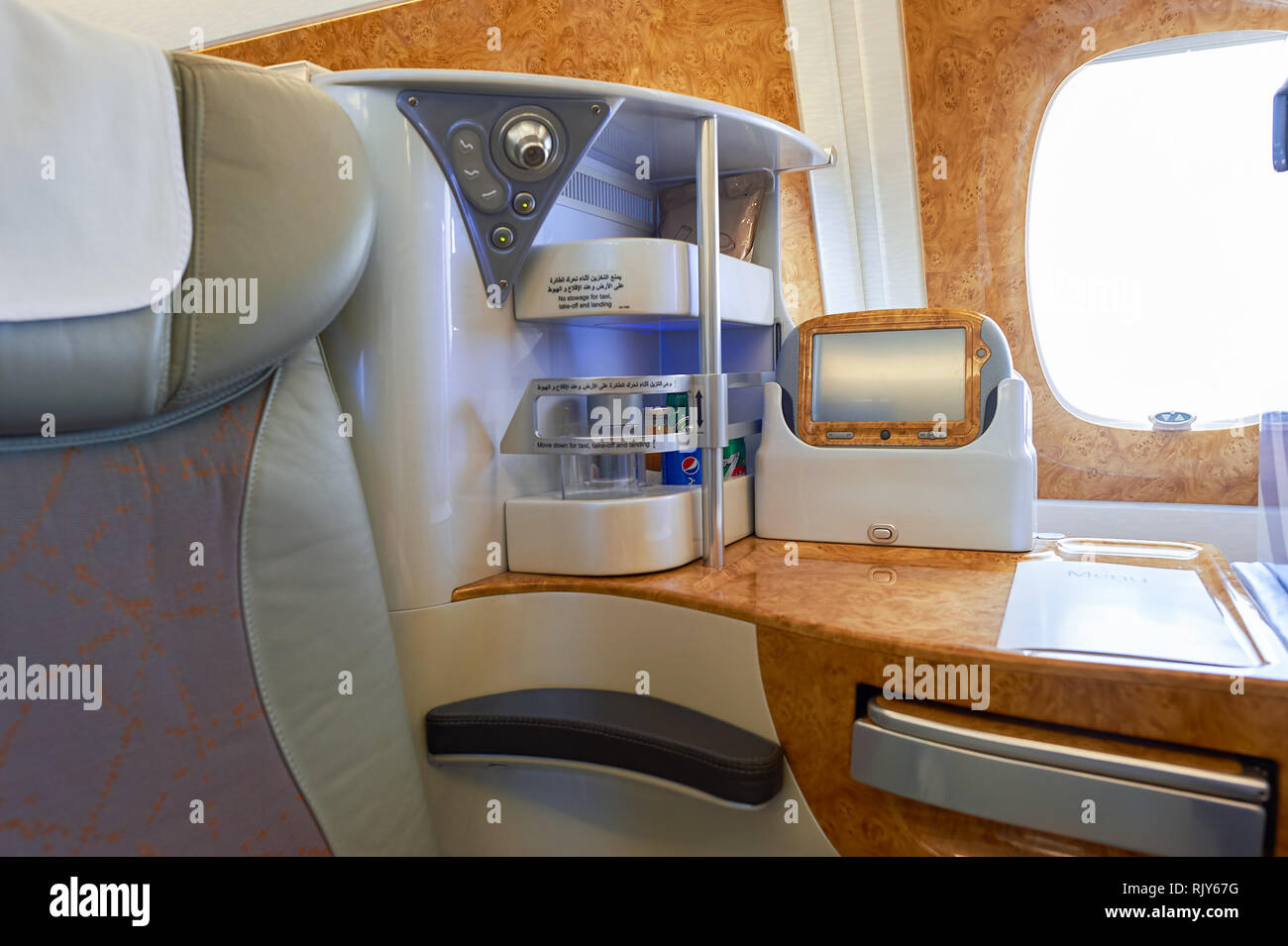 BANGKOK, THAILAND - MARCH 31, 2015: interior of Emirates Airbus A380 ...