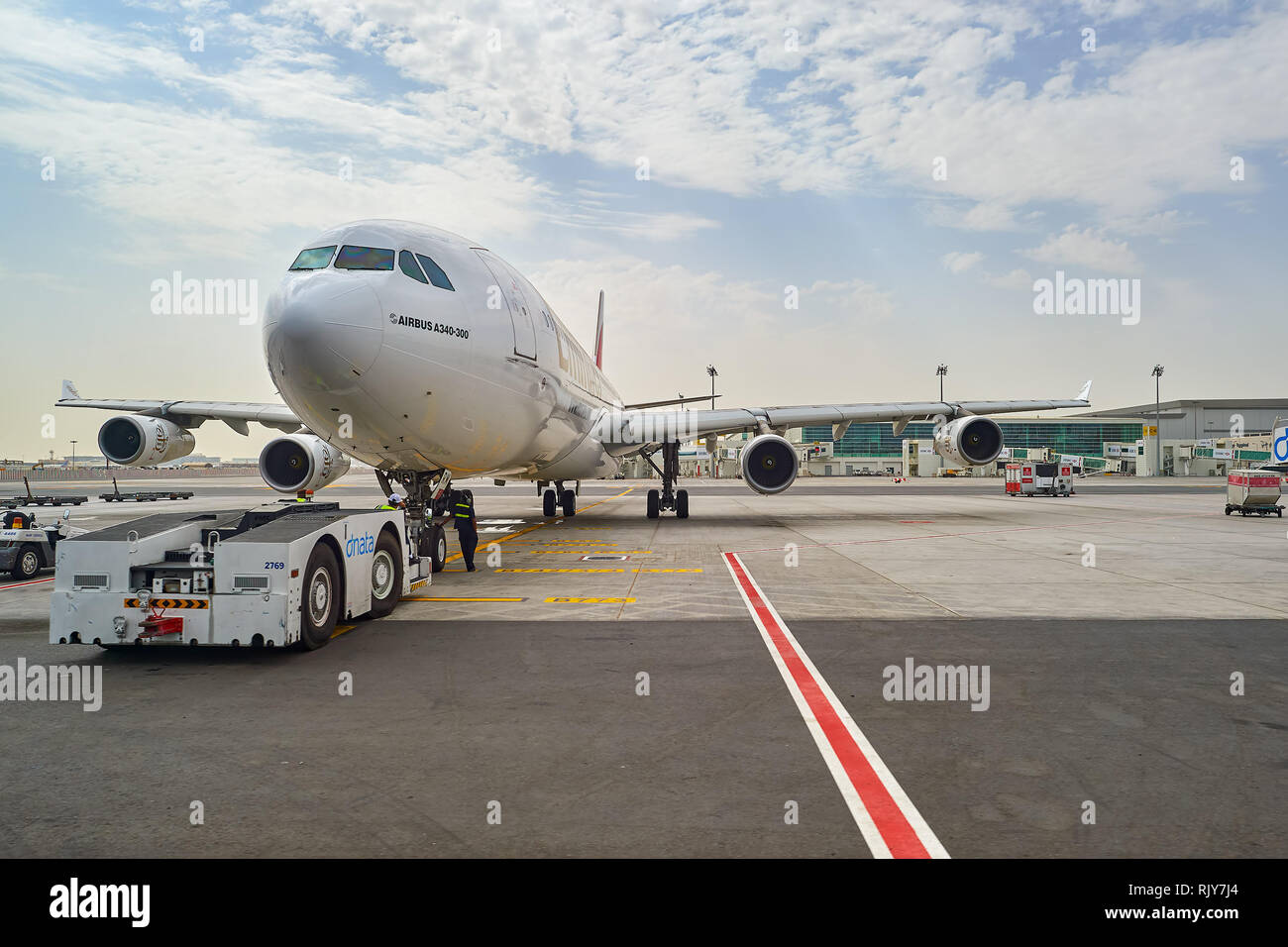 DUBAI, UAE - JUNE 23, 2015: Emirates Airbus A340-300 in Dubai airport ...