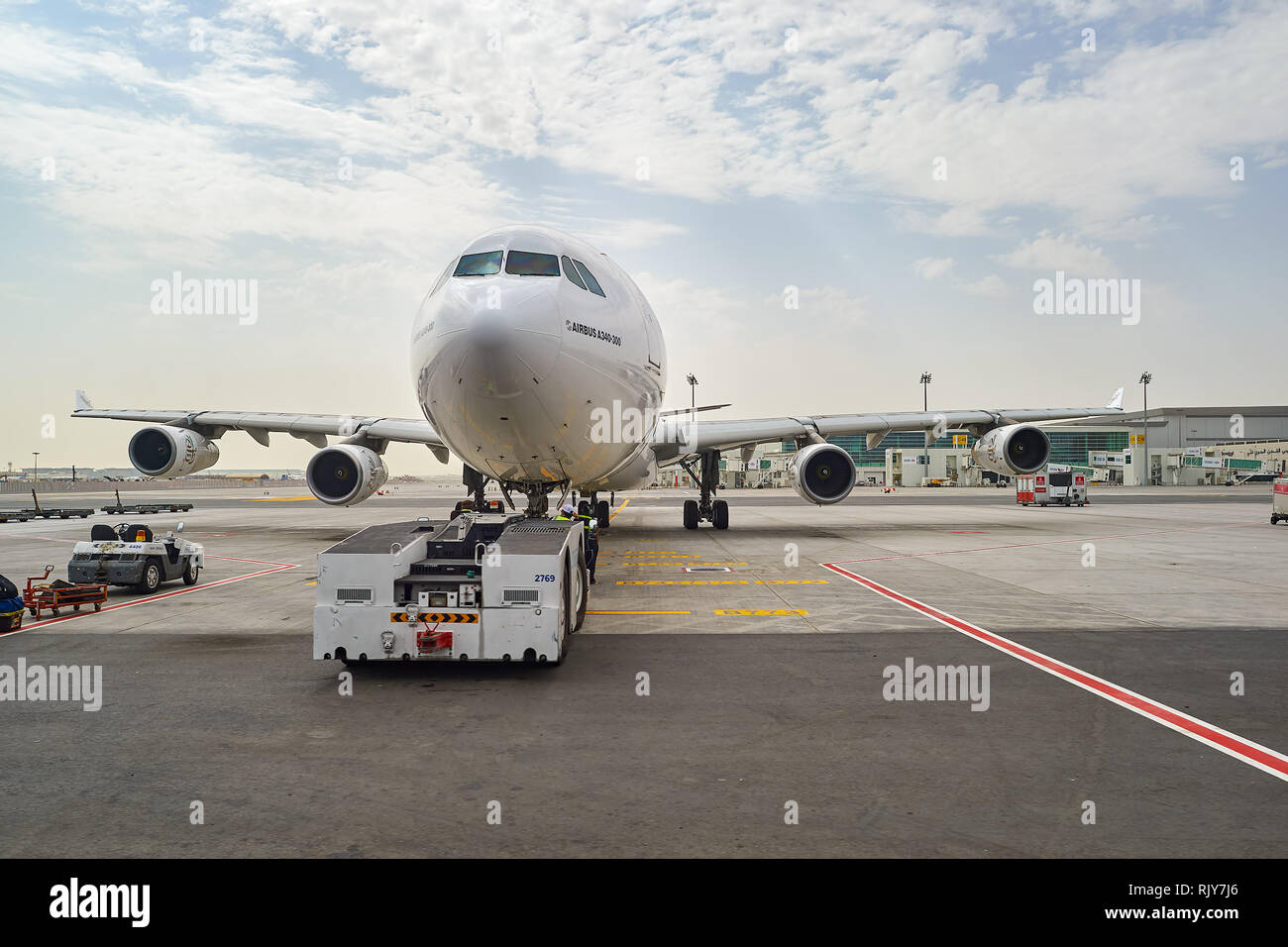 DUBAI, UAE - JUNE 23, 2015: Emirates Airbus A340-300 in Dubai airport ...