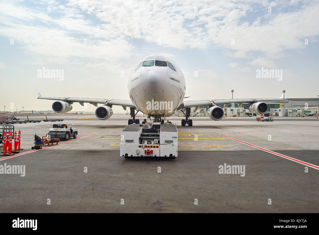 DUBAI, UAE - JUNE 23, 2015: Emirates Airbus A340-300 in Dubai airport ...