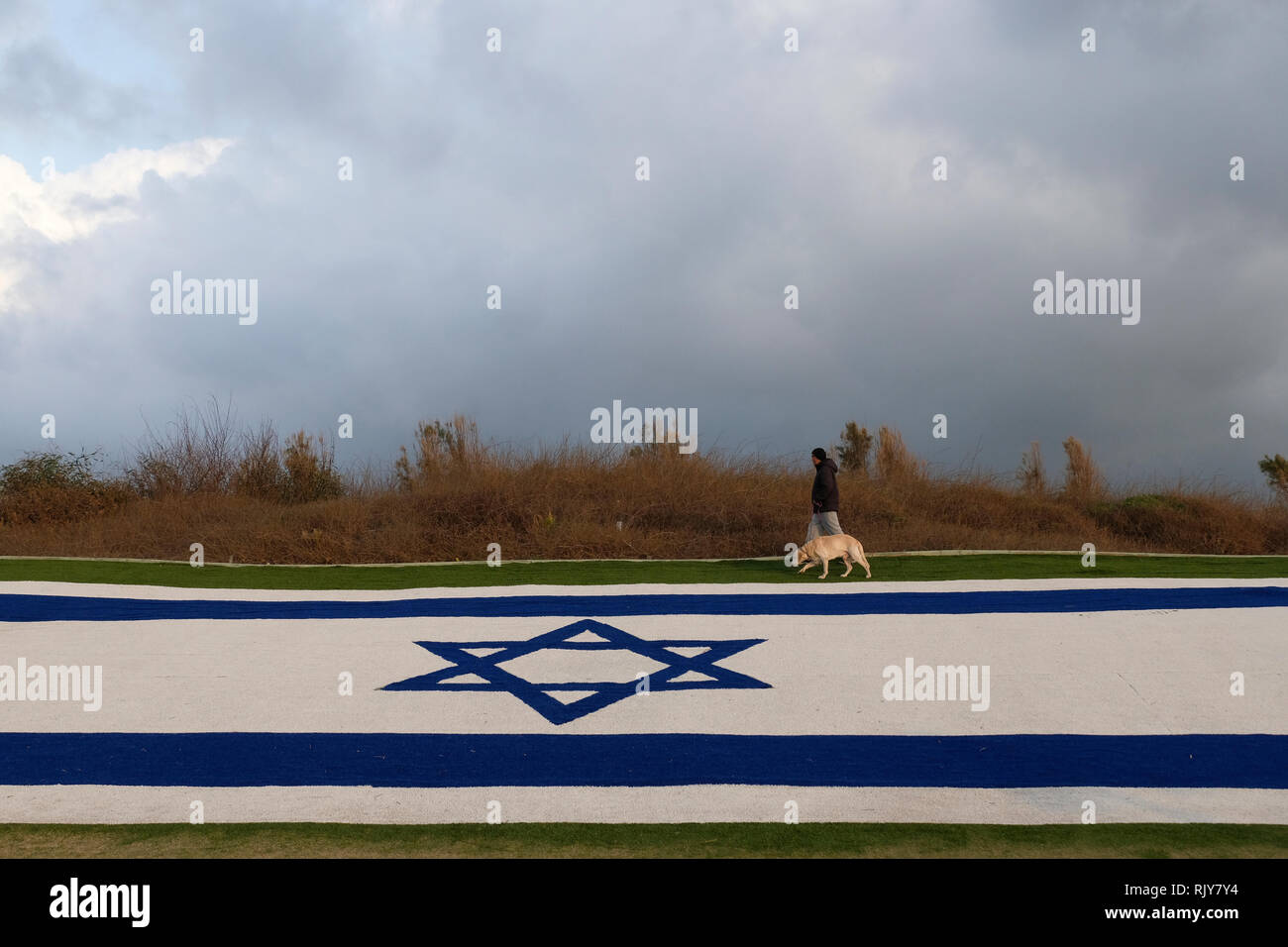 An Israeli civilian walks past with his dog an Israeli flag made of ...