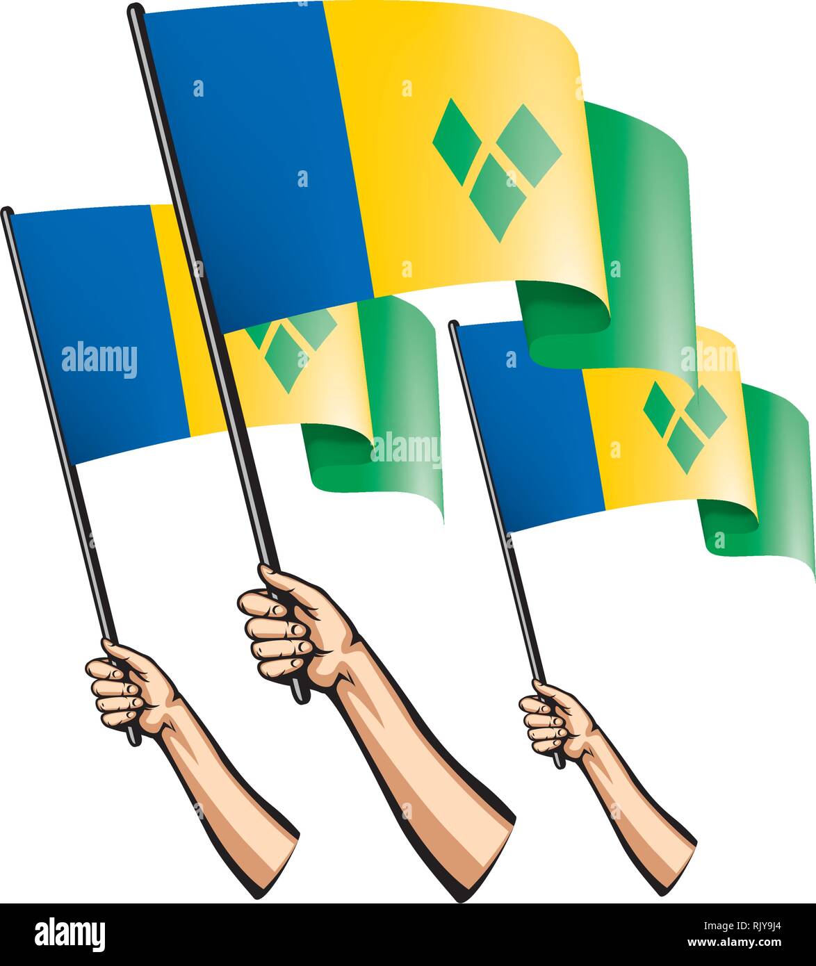 Saint Vincent and the Grenadines flag and hand on white background ...