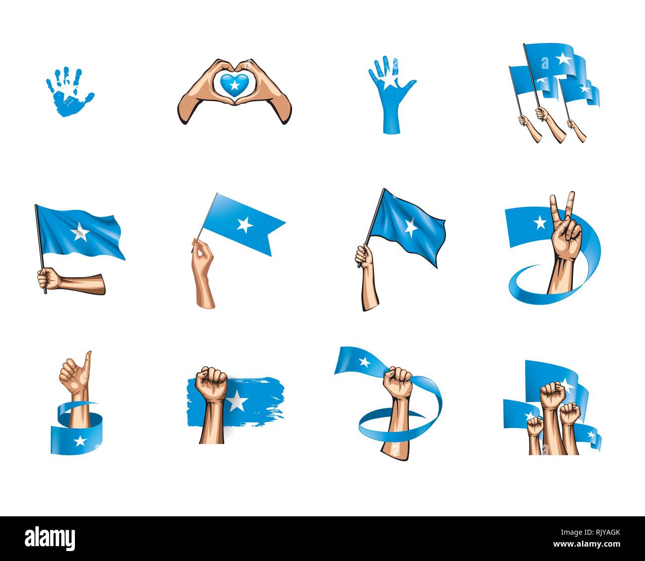 Somalia flag and hand on white background. Vector illustration Stock ...