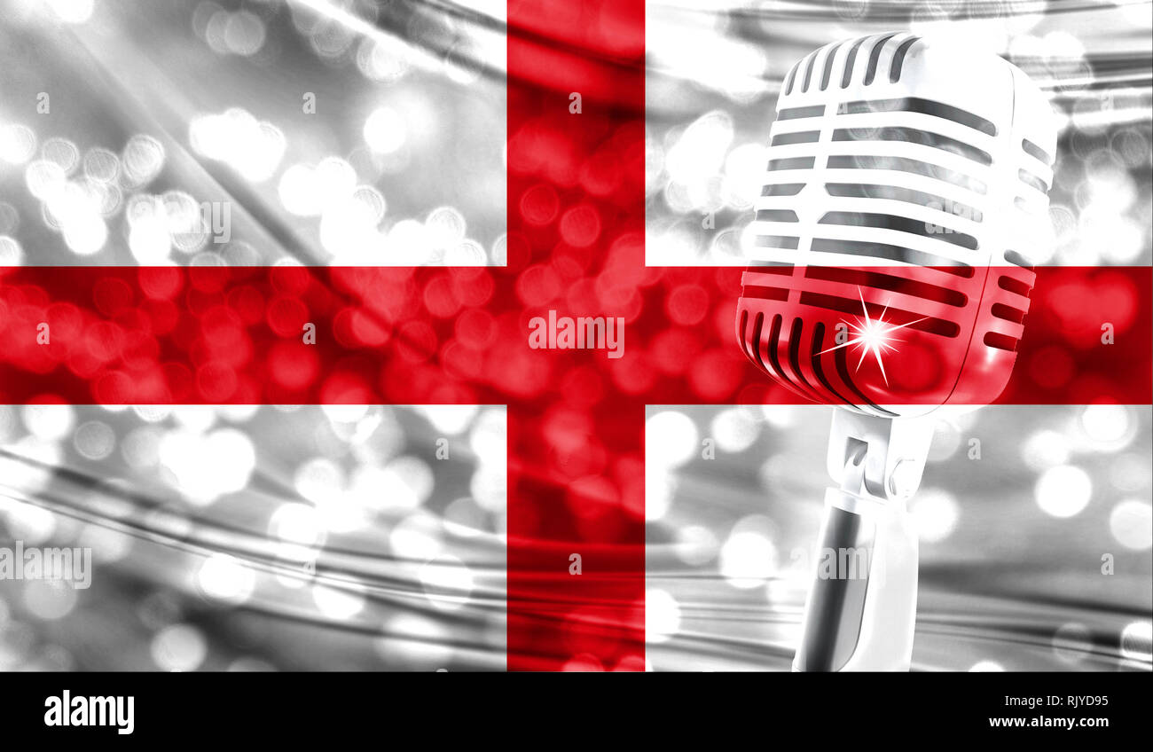 Microphone on a background of a blurry England flag close-up Stock ...