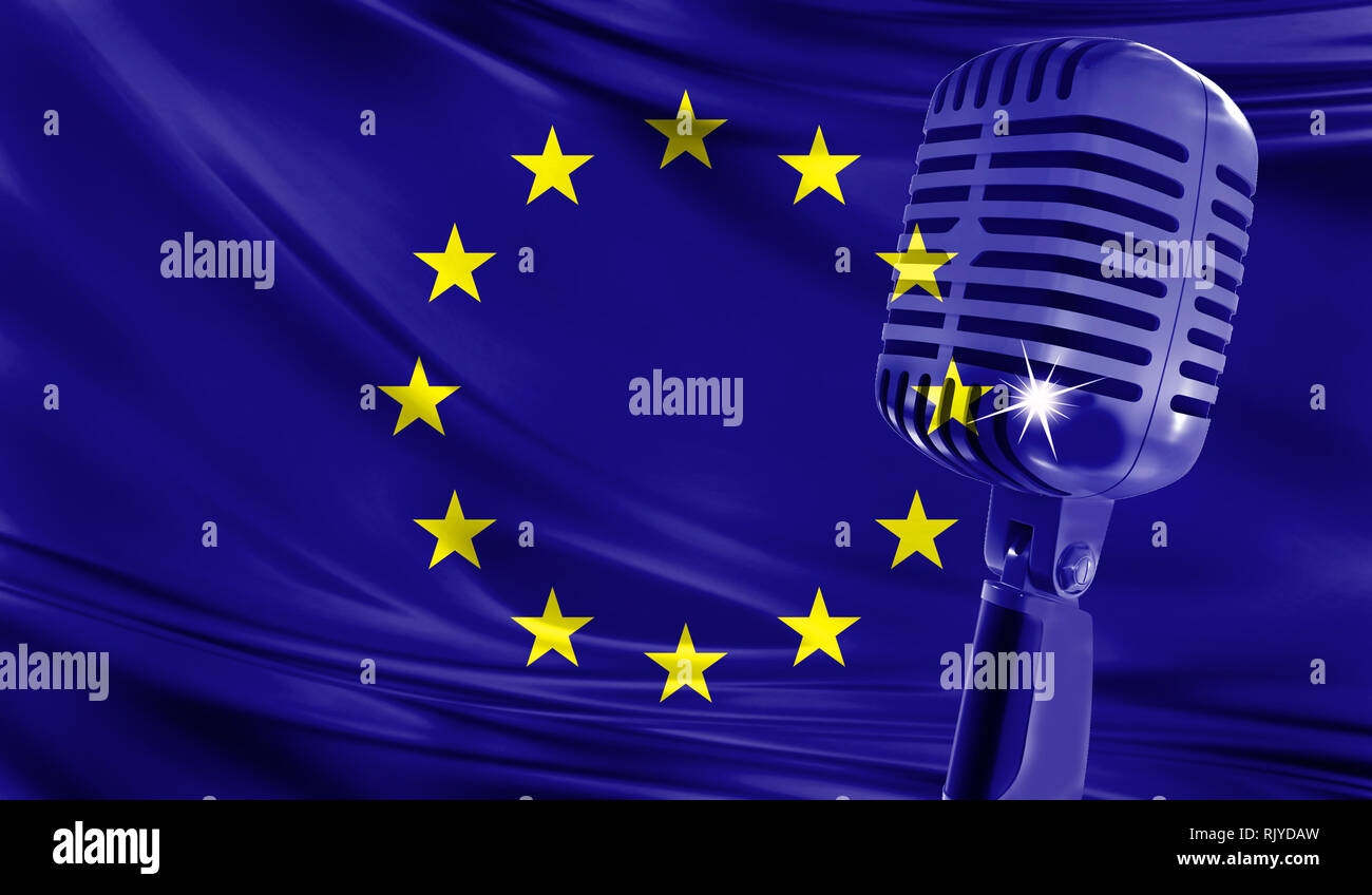 Microphone on fabric background of flag of European Union close-up ...