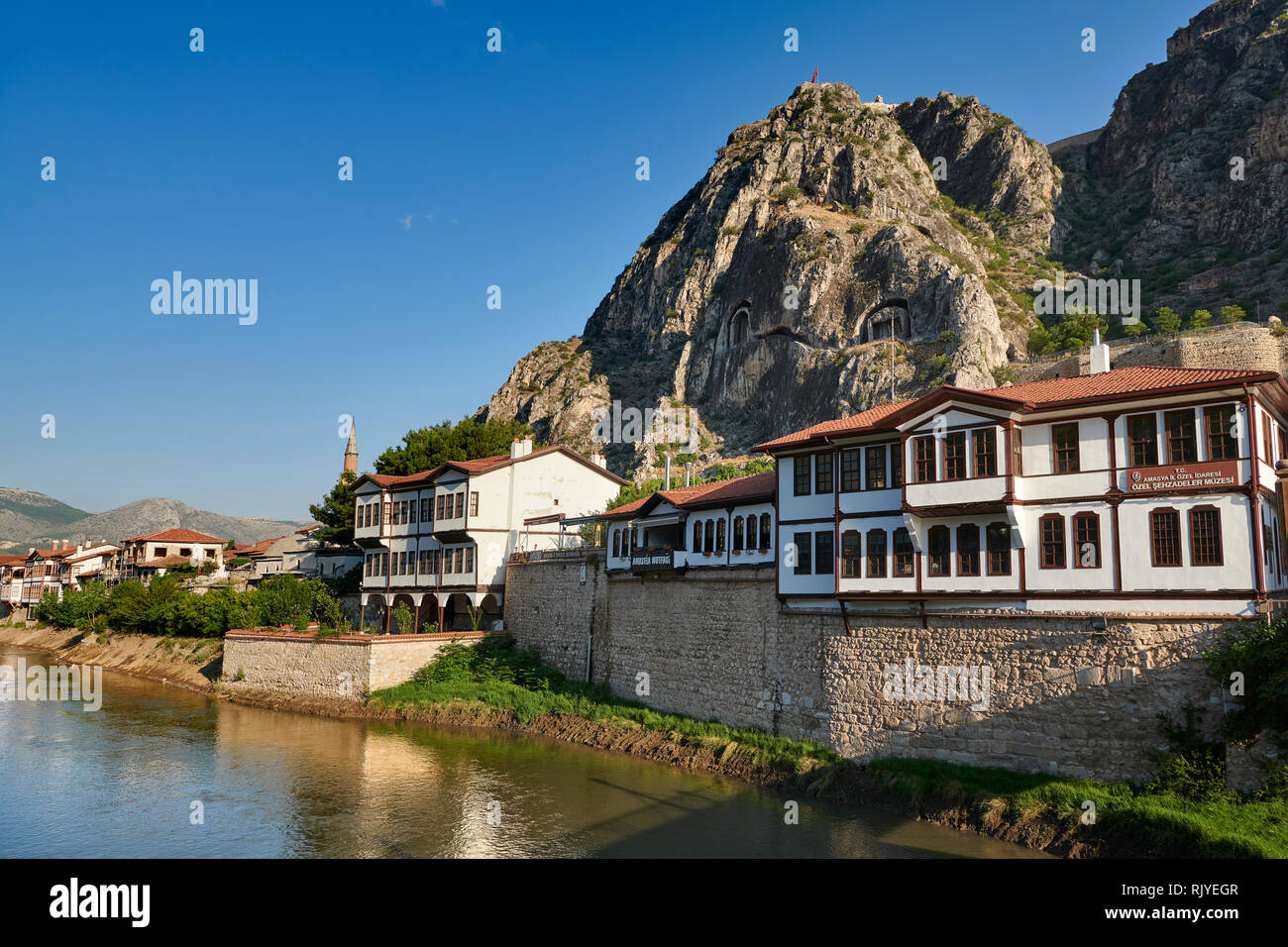 Ottoman villas of Amasya along the banks of the river Yeşilırmak, below ...