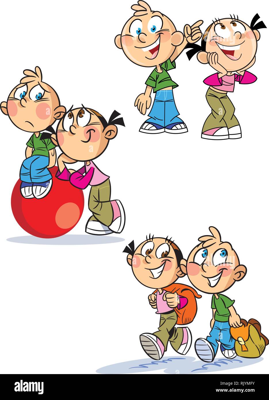 The illustration shows a boy and a girl in different situations and ...