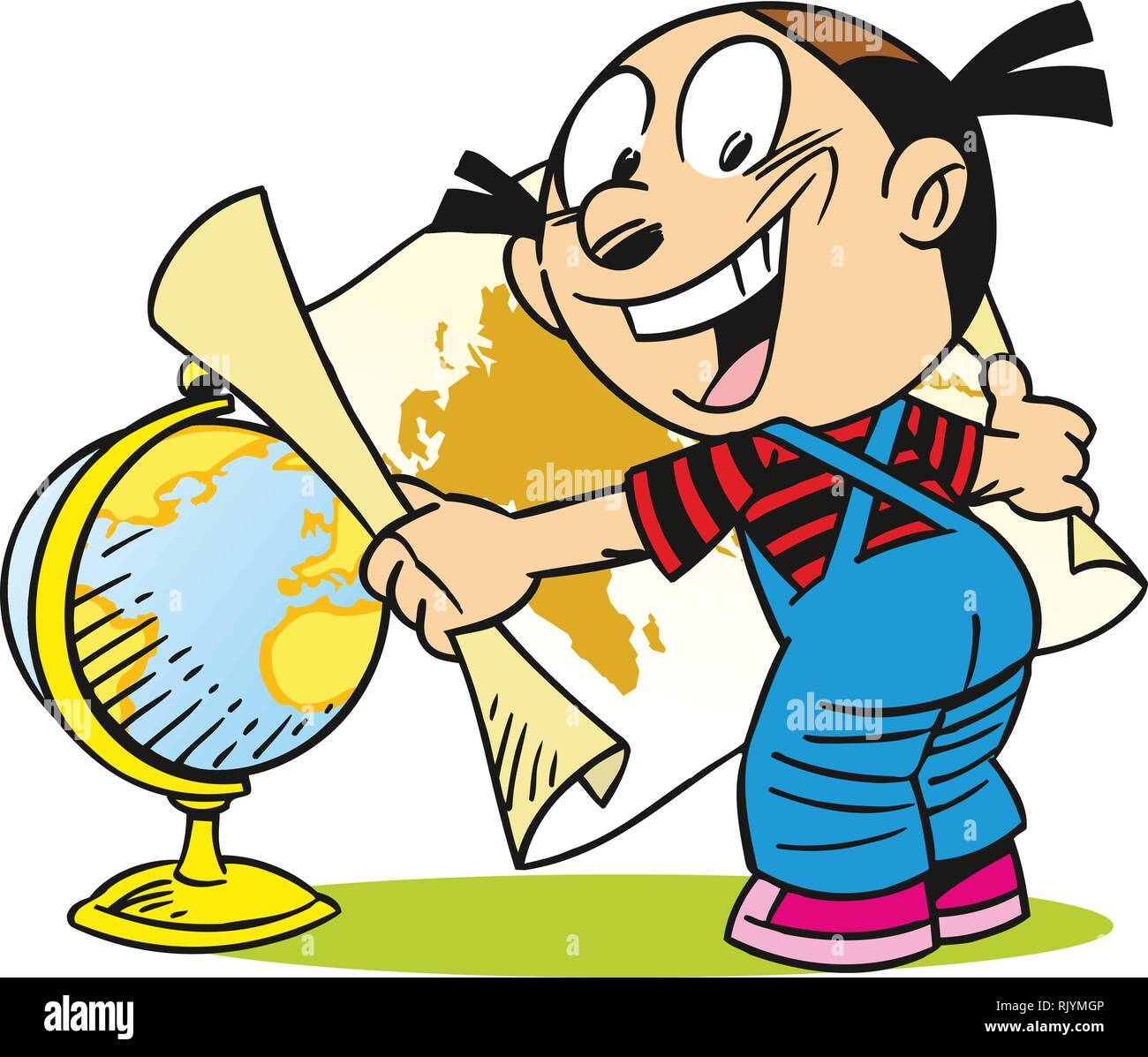 The illustration shows the girl with a map of the world and globe ...