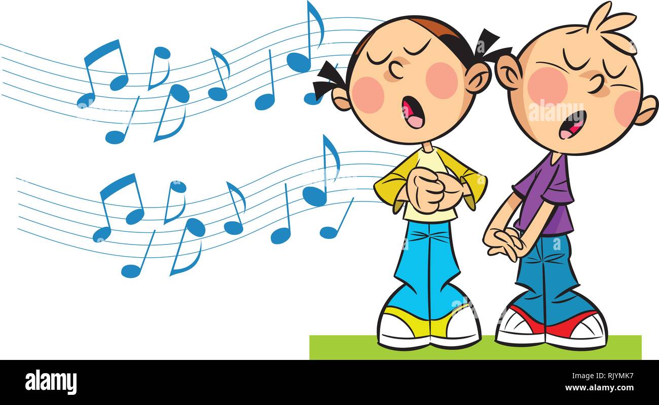 In the illustration cartoon girl and boy sing on the background ...