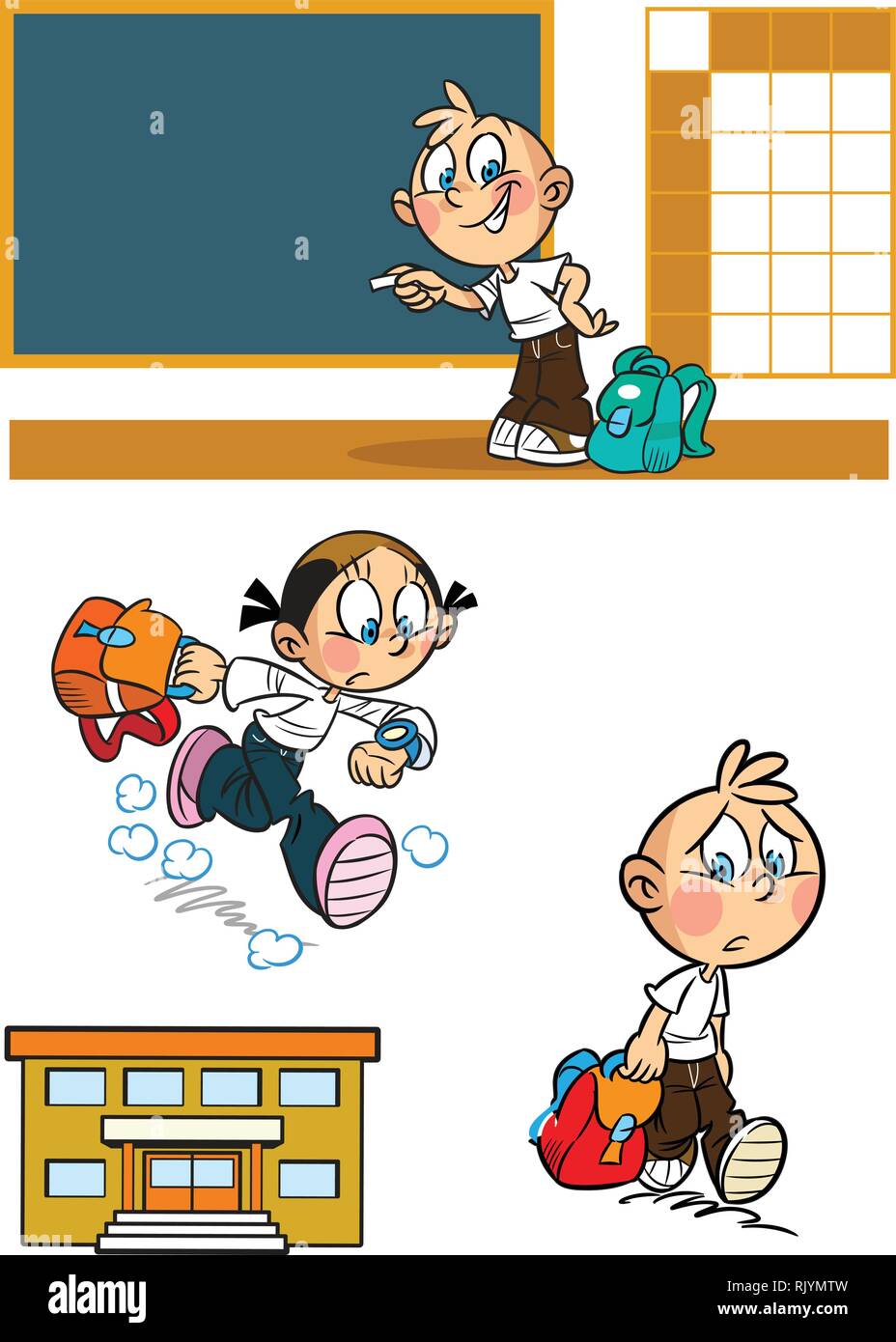 The illustration shows a few children. A boy stands near the blackboard ...