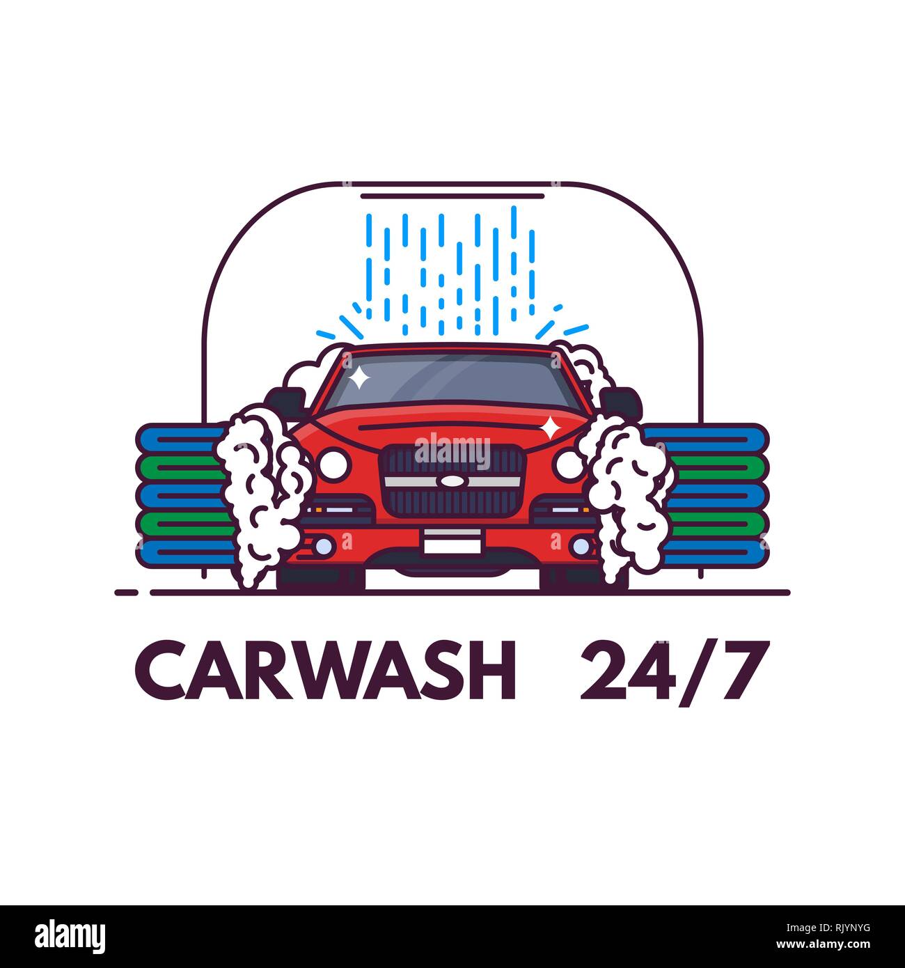 Carwash line style banner. Front view of luxury car on carwash. Clean ...