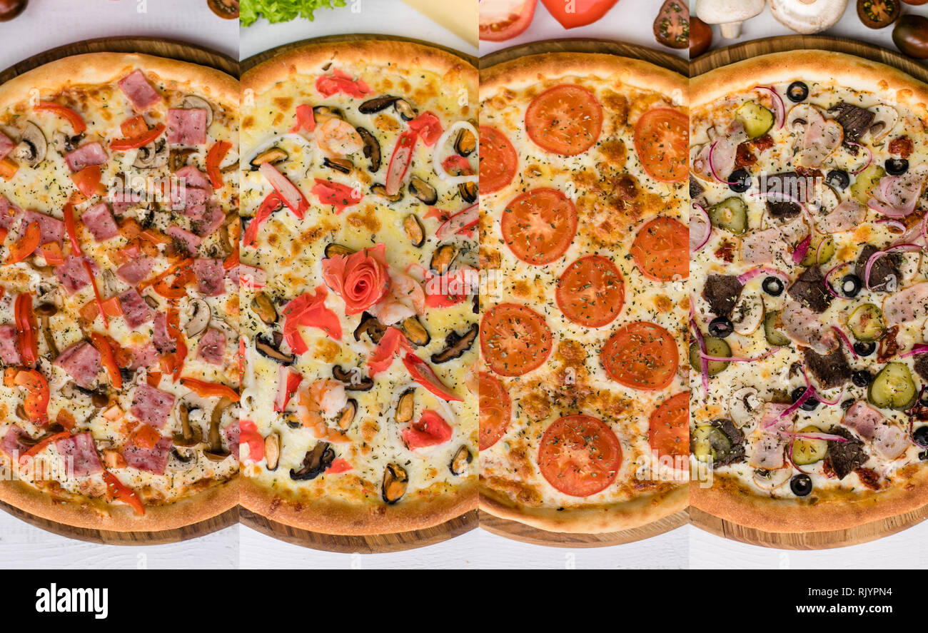 Photo collage with four different types of pizza Stock Photo - Alamy