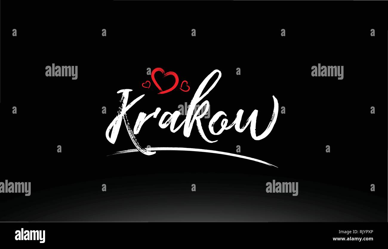 krakow city hand written text with red heart suitable for logo or ...
