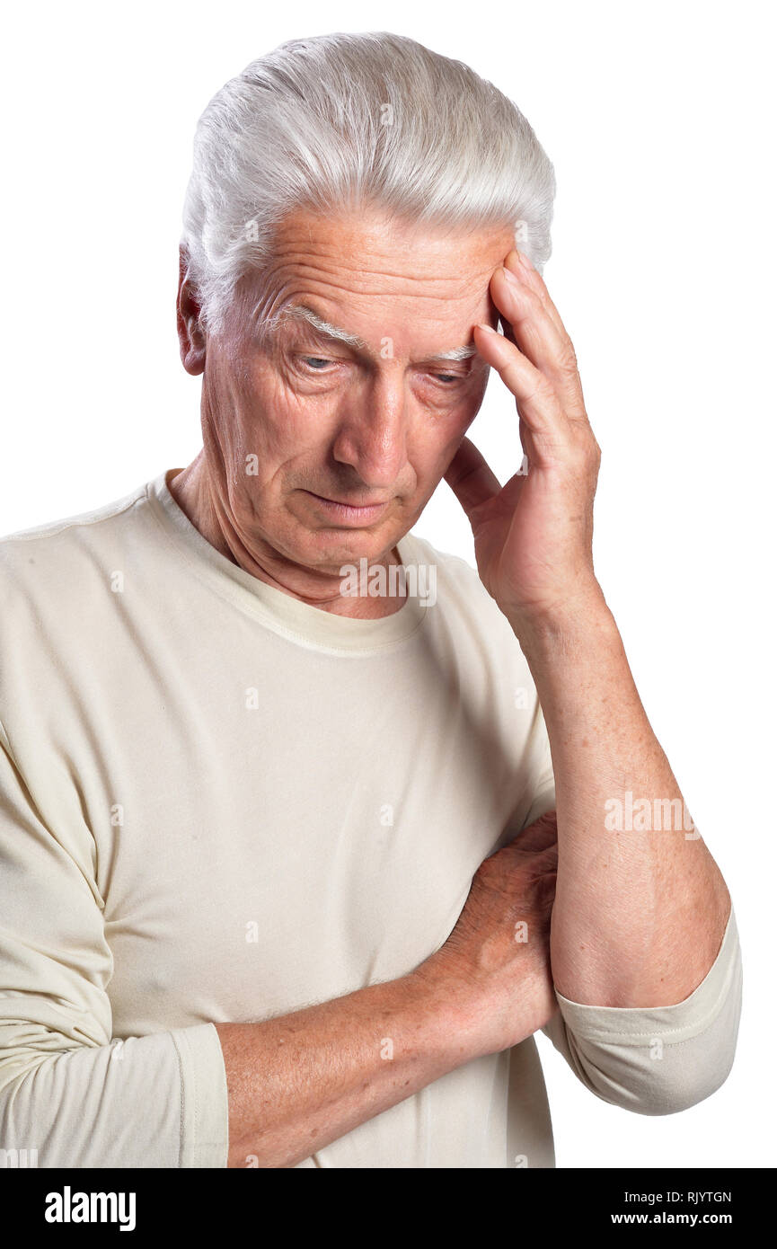 Portrait of thinking senior man isolated on white background Stock Photo - Alamy