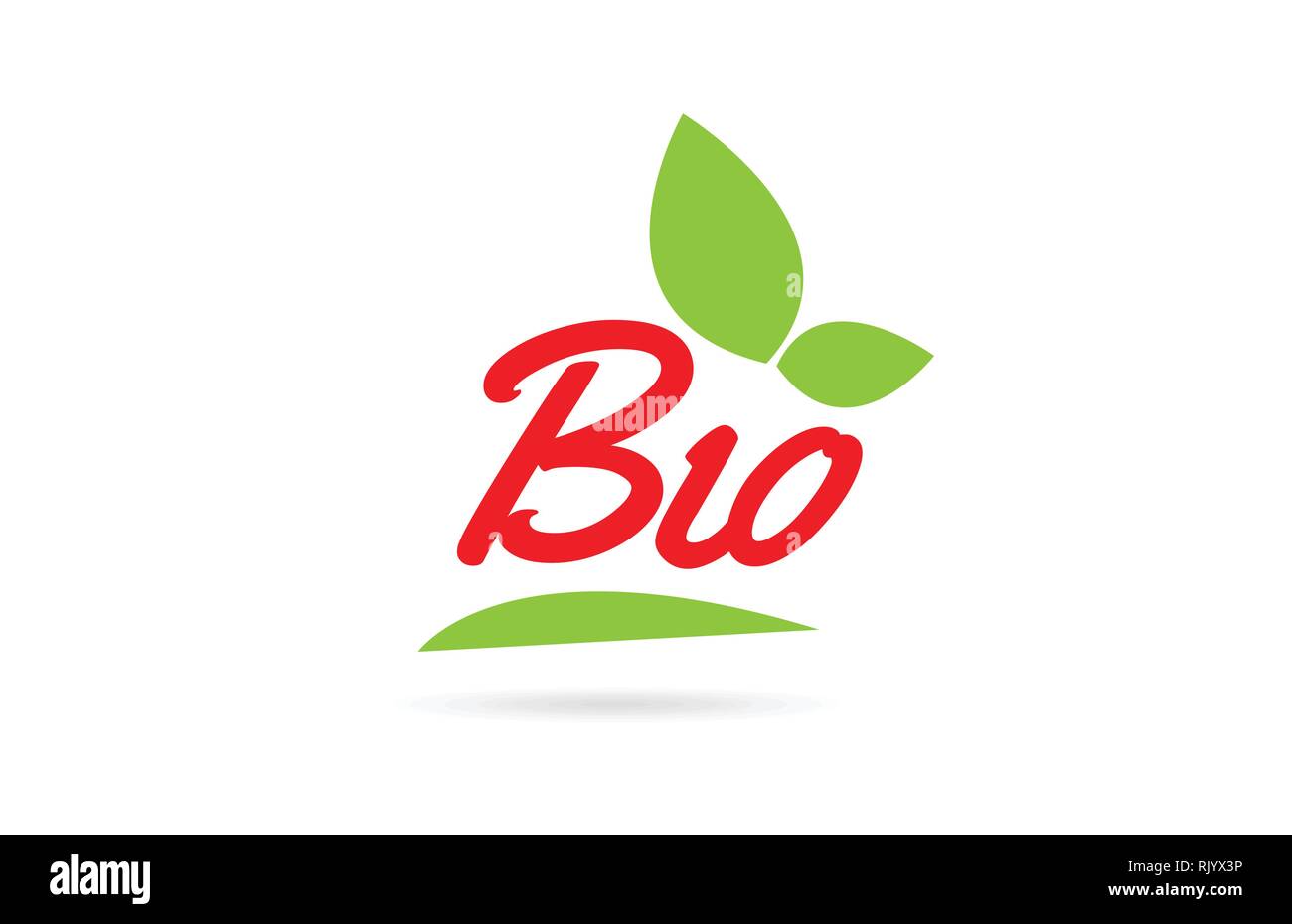 Bio hand written word text for typography design in red color with leaf ...