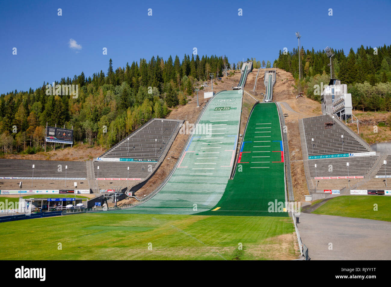 LILLEHAMMER, NORWAY - JULY 27, 2018: Lysgardsbakkene Ski Jumping Arena ...