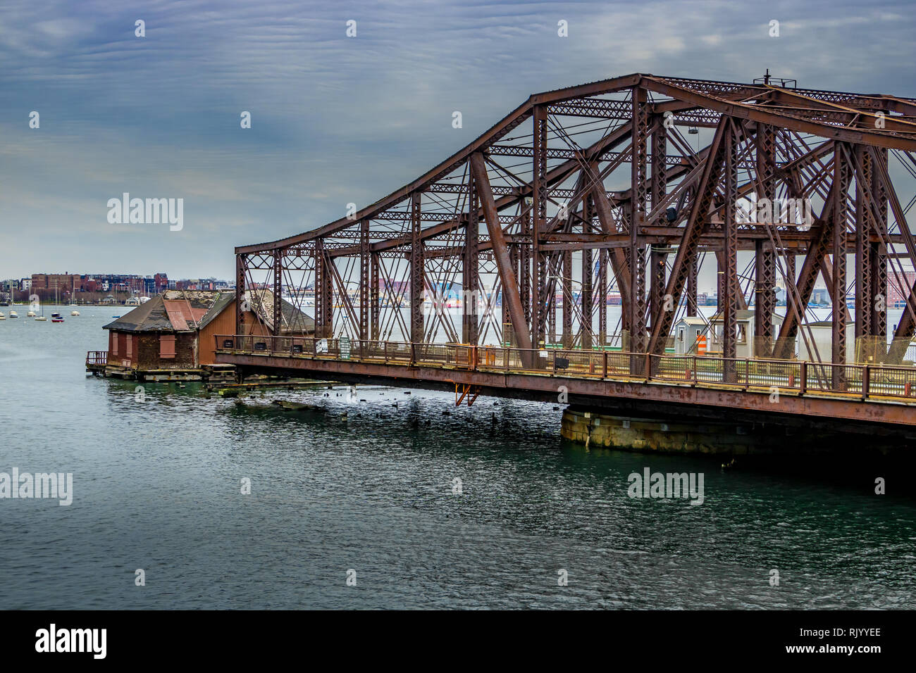 Out of service rotating bridge over the Fort Point Channel in Boston ...