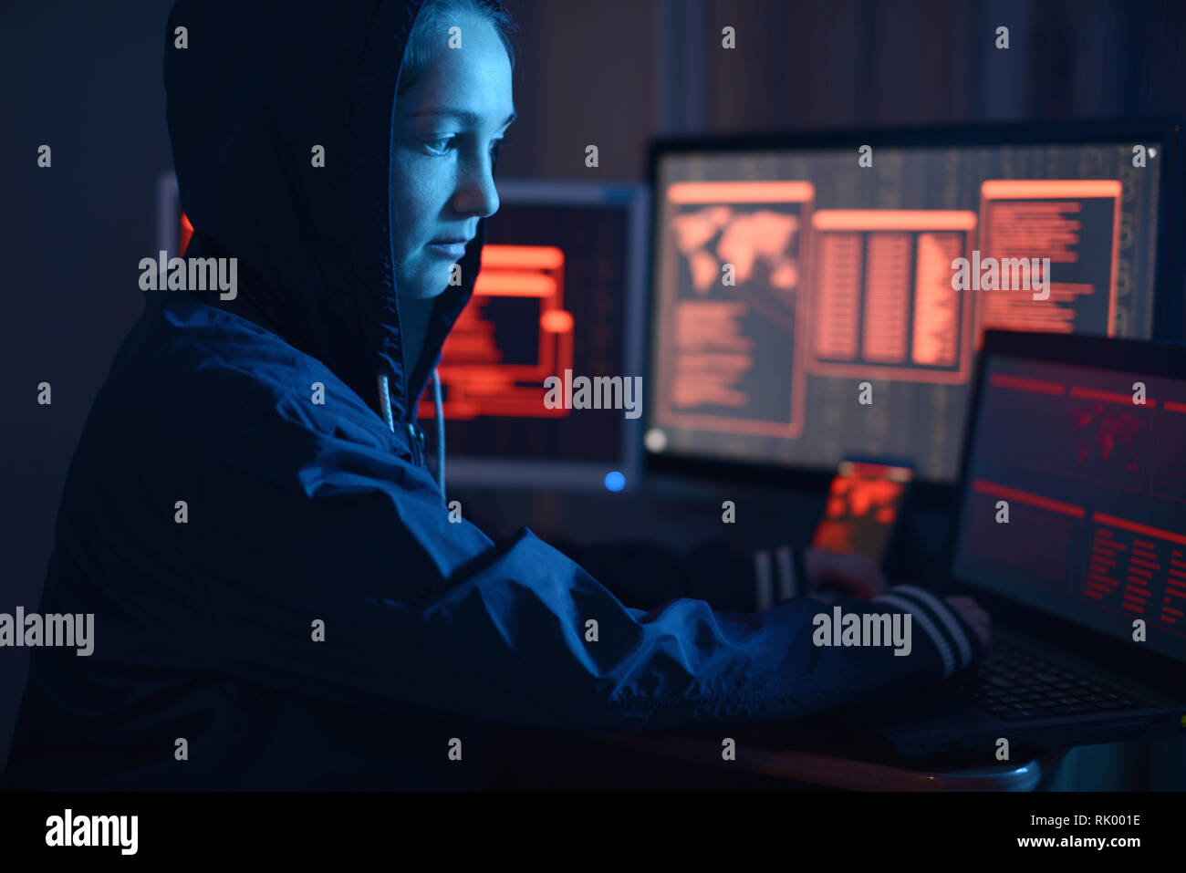 Girl Hacker In A Hood Typing Program Code While Committing A Cybercrime Hacking A System 4053