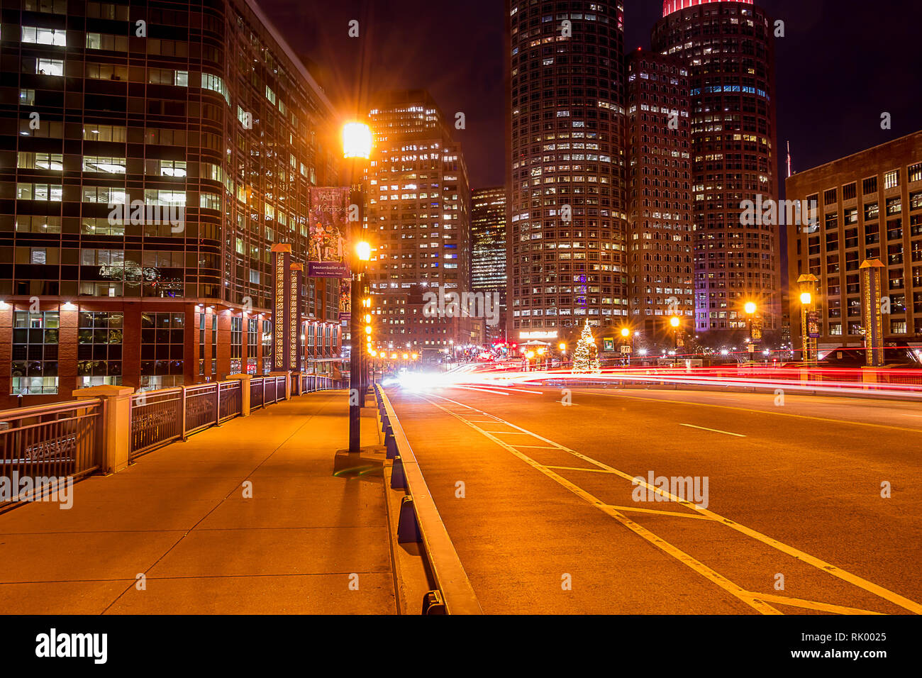 Long exposure night scene of the Seaport Boulevard Bridge towards ...