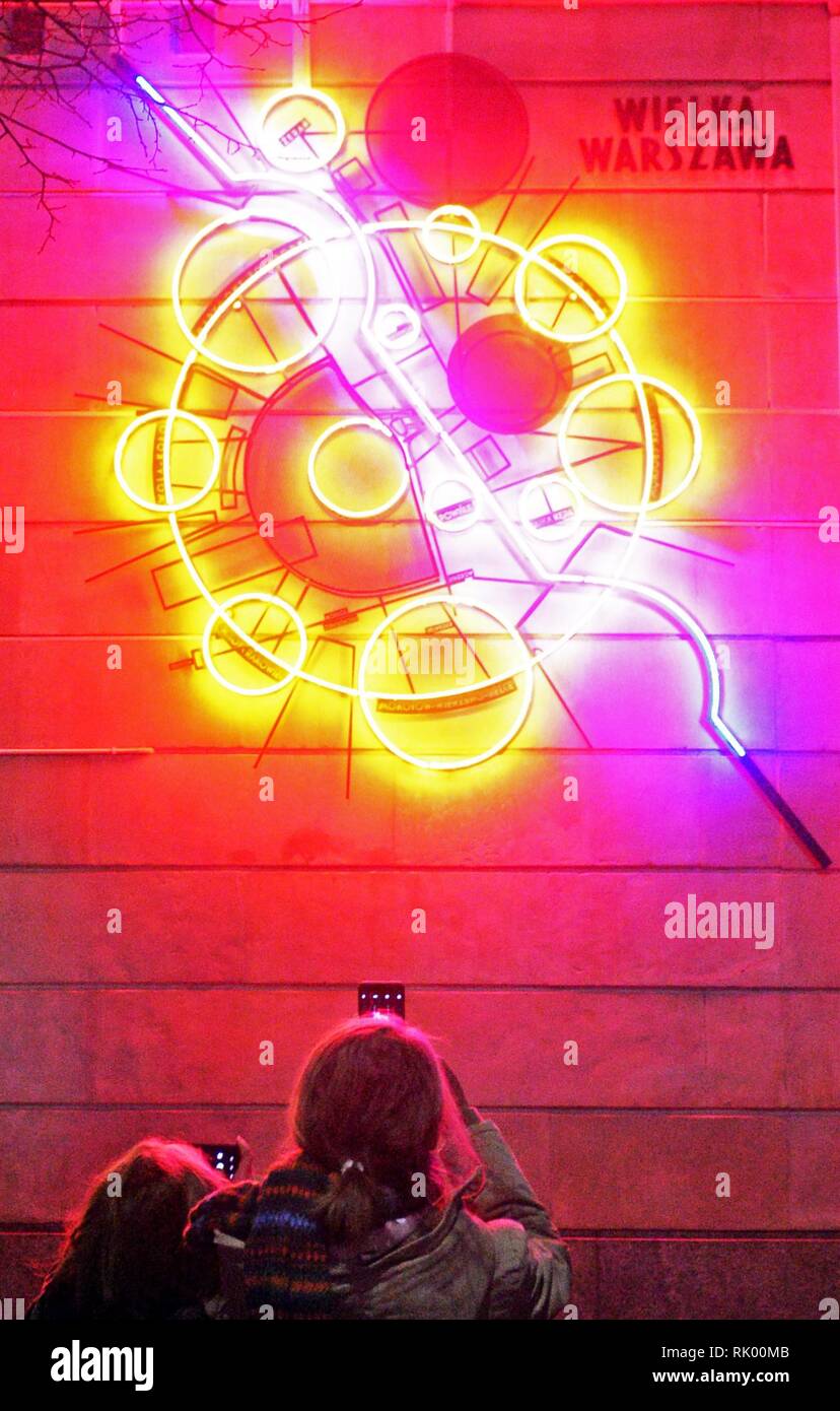 Warsaw, Poland. 07th Feb, 2019. Great Warsaw, a new neon sign is lit in ...