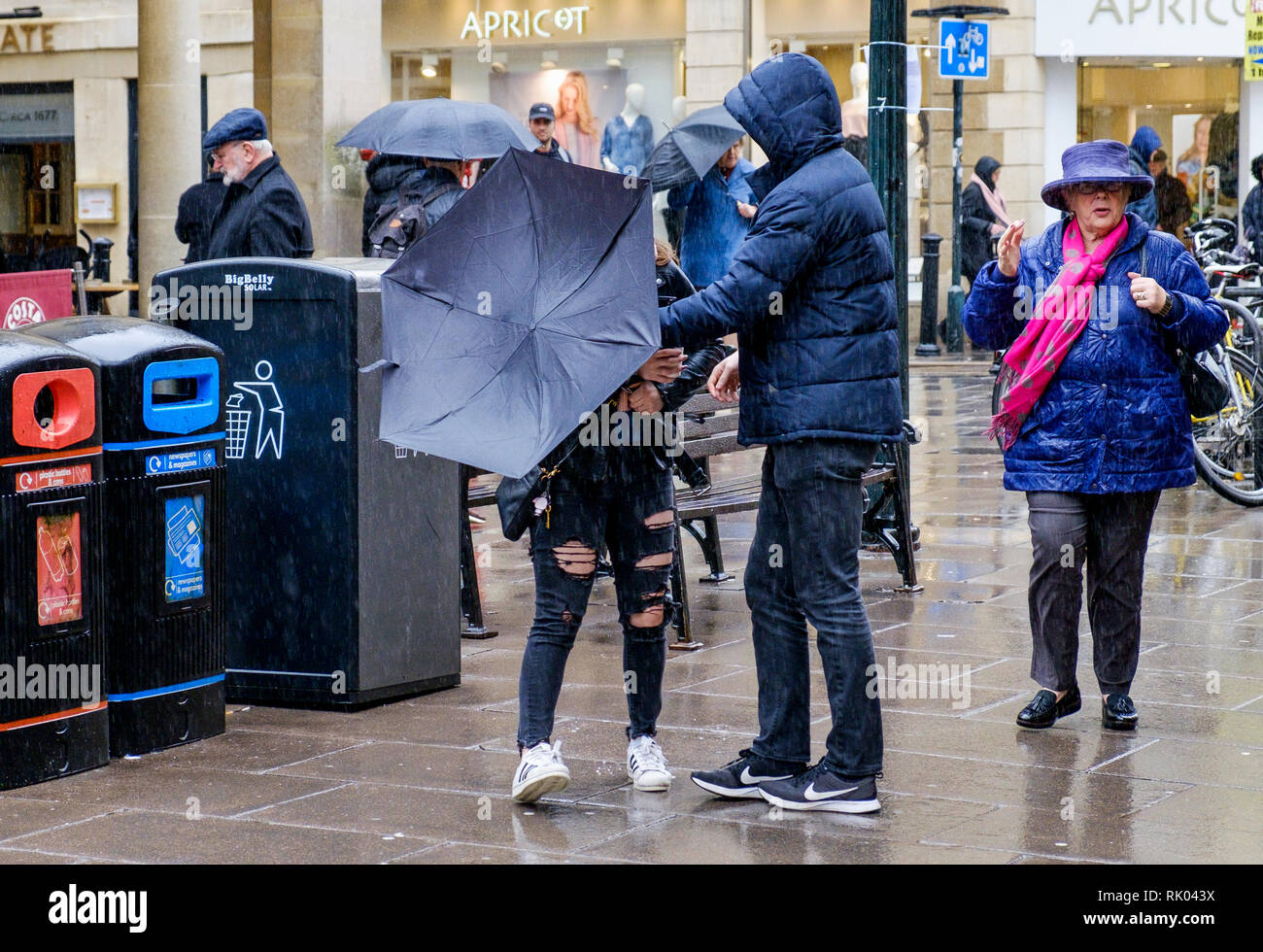 Bath, UK. 8th February, 2019. As storm Eric brings gales and heavy rain ...