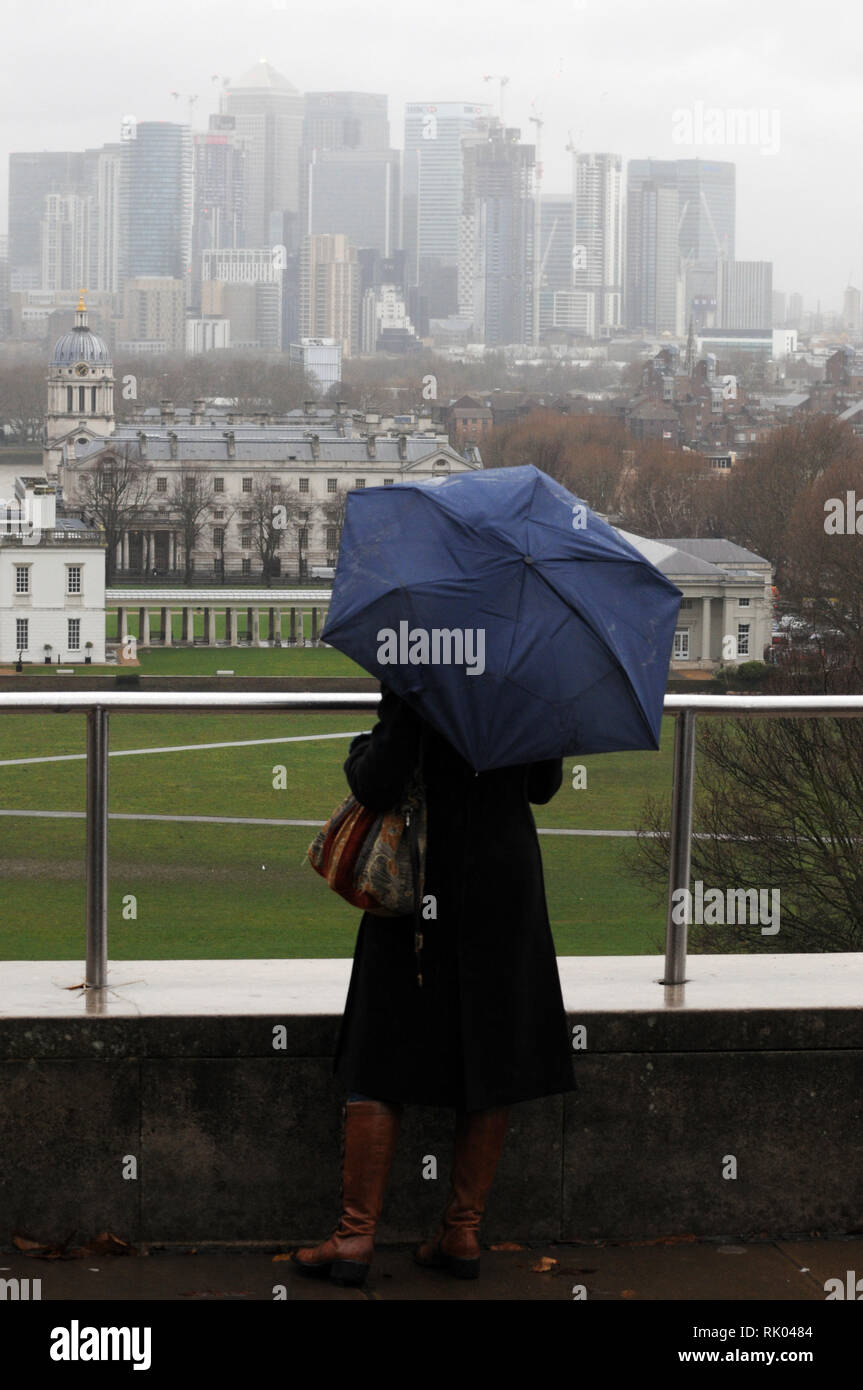 London, UK, 8 February 2019 The Thames, Canary Wharf and the City from ...