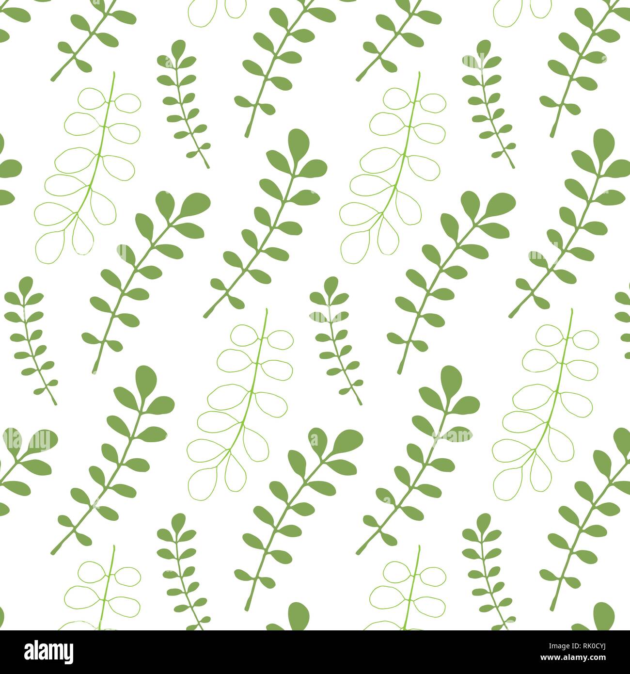 Spring pattern of hand drawn leaves in a light green color palette on a ...