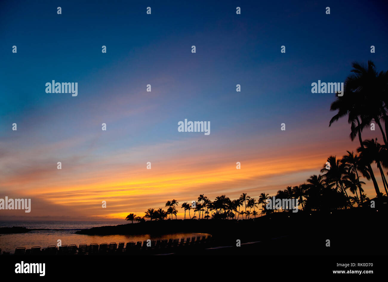Hawaiian sunset with tropical palm tree silhouettes hi-res stock ...
