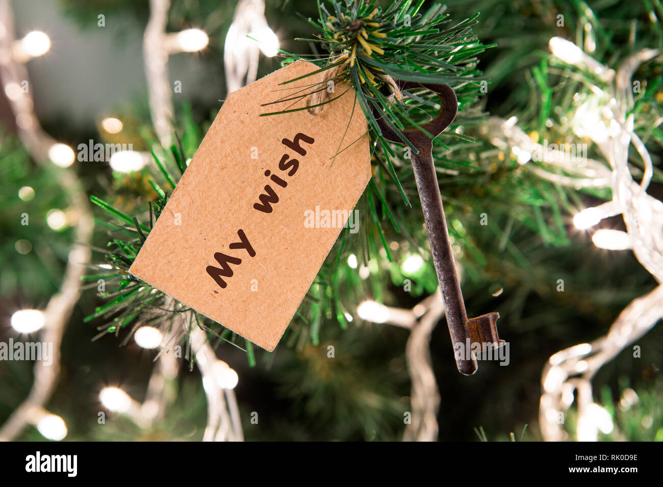 Christmas wishes concept - key with inscription My wish on tag Stock ...