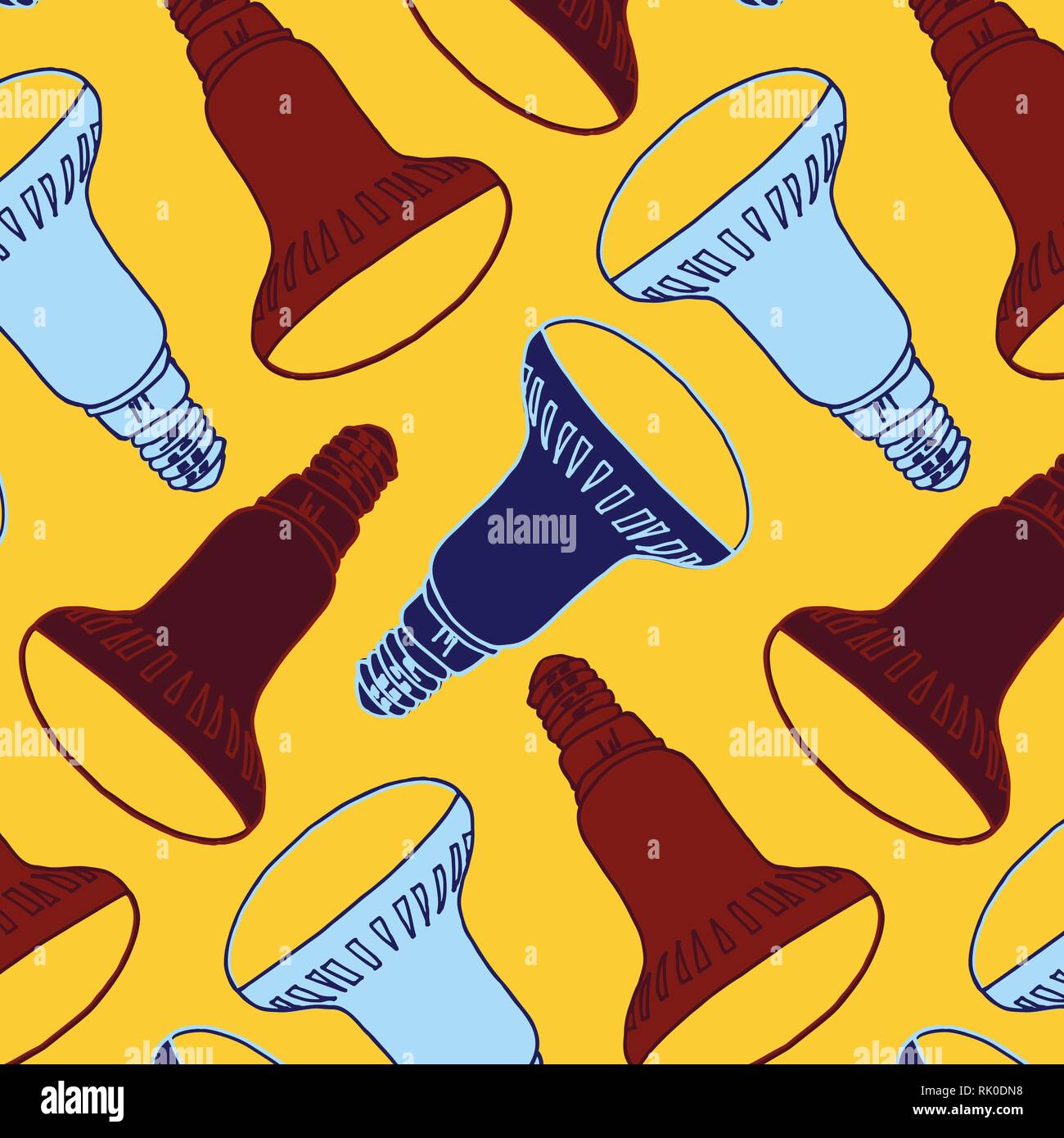 Hand drawn LED light bulbs vector pattern in yellow, red and blue ...