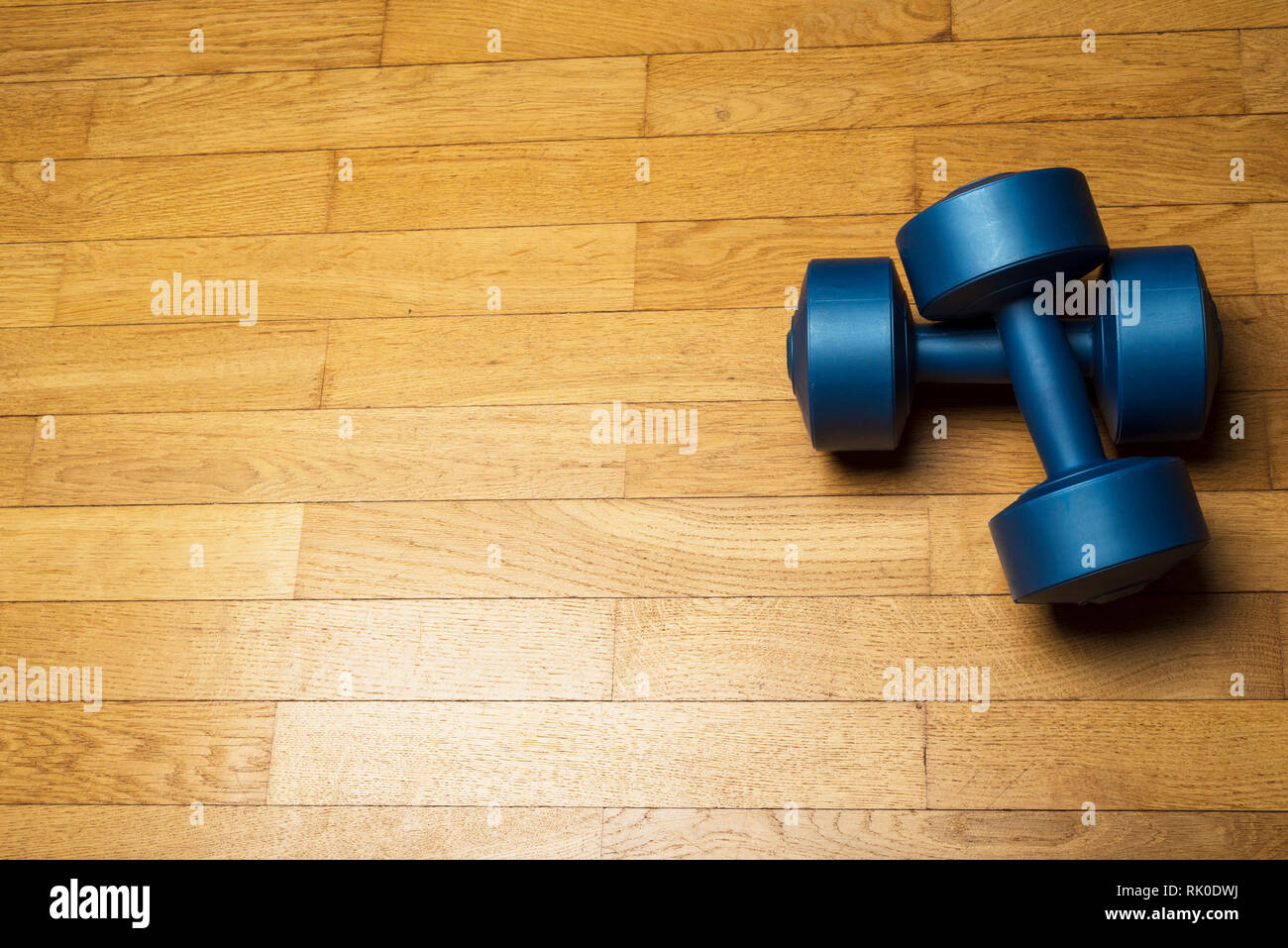 Plastic blue dumbbells on wooden, brown floor. The concept of a healthy ...