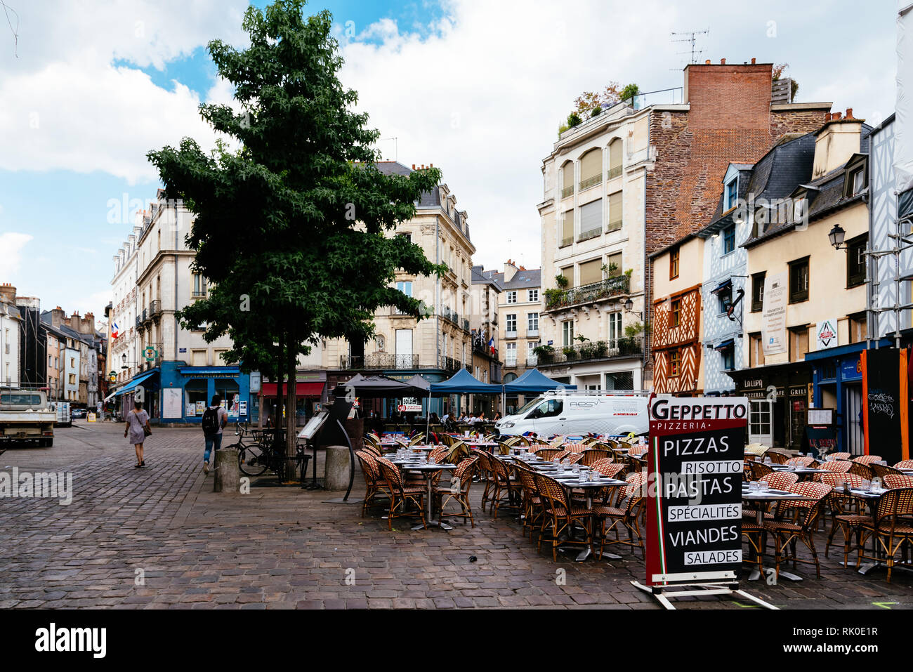 Rennes, France - July 23, 2018: Square with restaurant terraces in ...