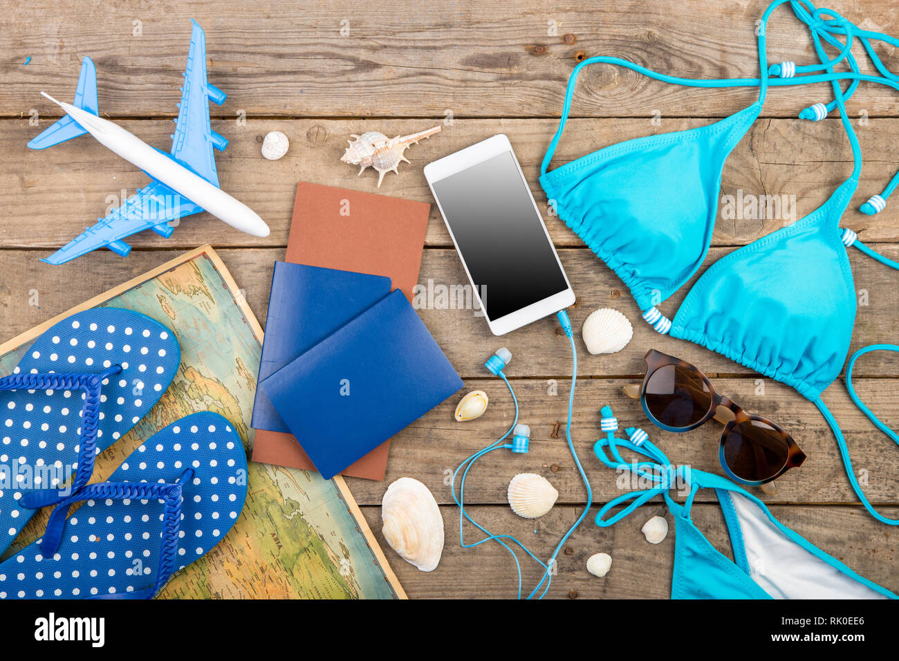 Adventure time - plane, map, passport on the wooden desk Stock Photo ...