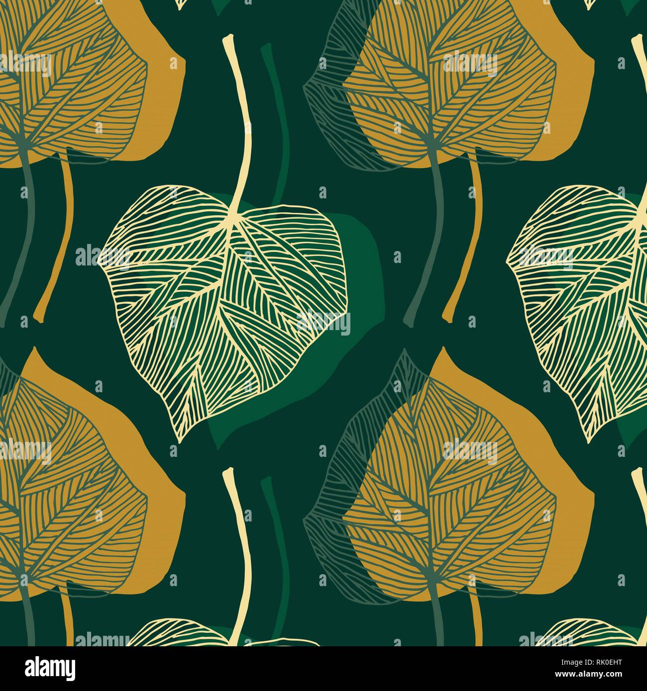 Hand drawn Ivy leaves spring vector pattern in yellow and green colors ...