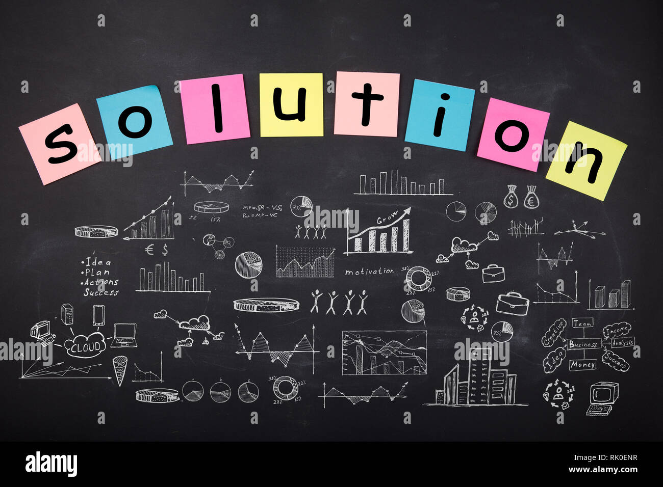 Business concept - word ' Solution ', sketch with schemes and graphs on ...