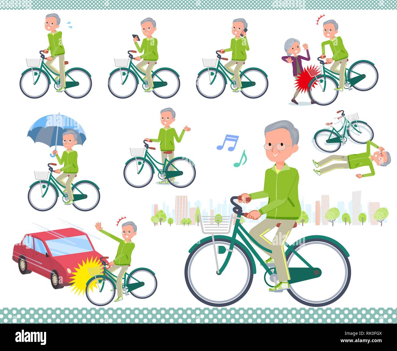 A set of old men in sportswear riding a city cycle.There are actions on ...