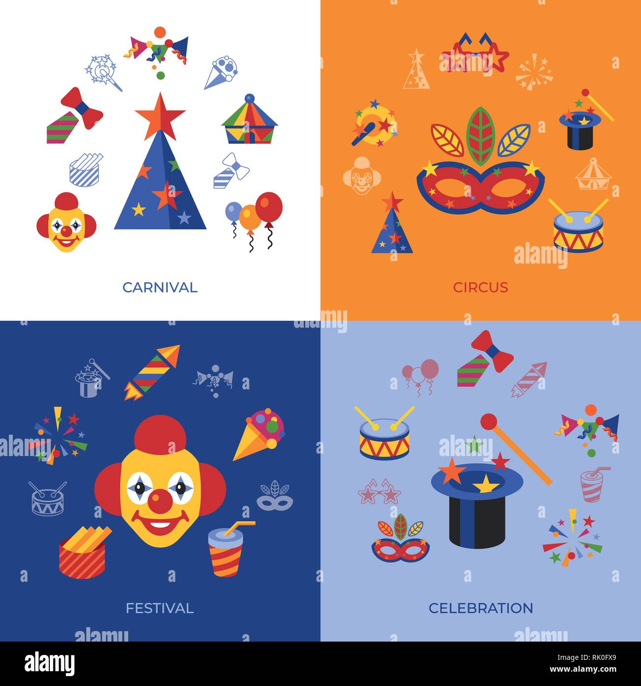 Digital vector carnival and circus simple icons, flat style ...