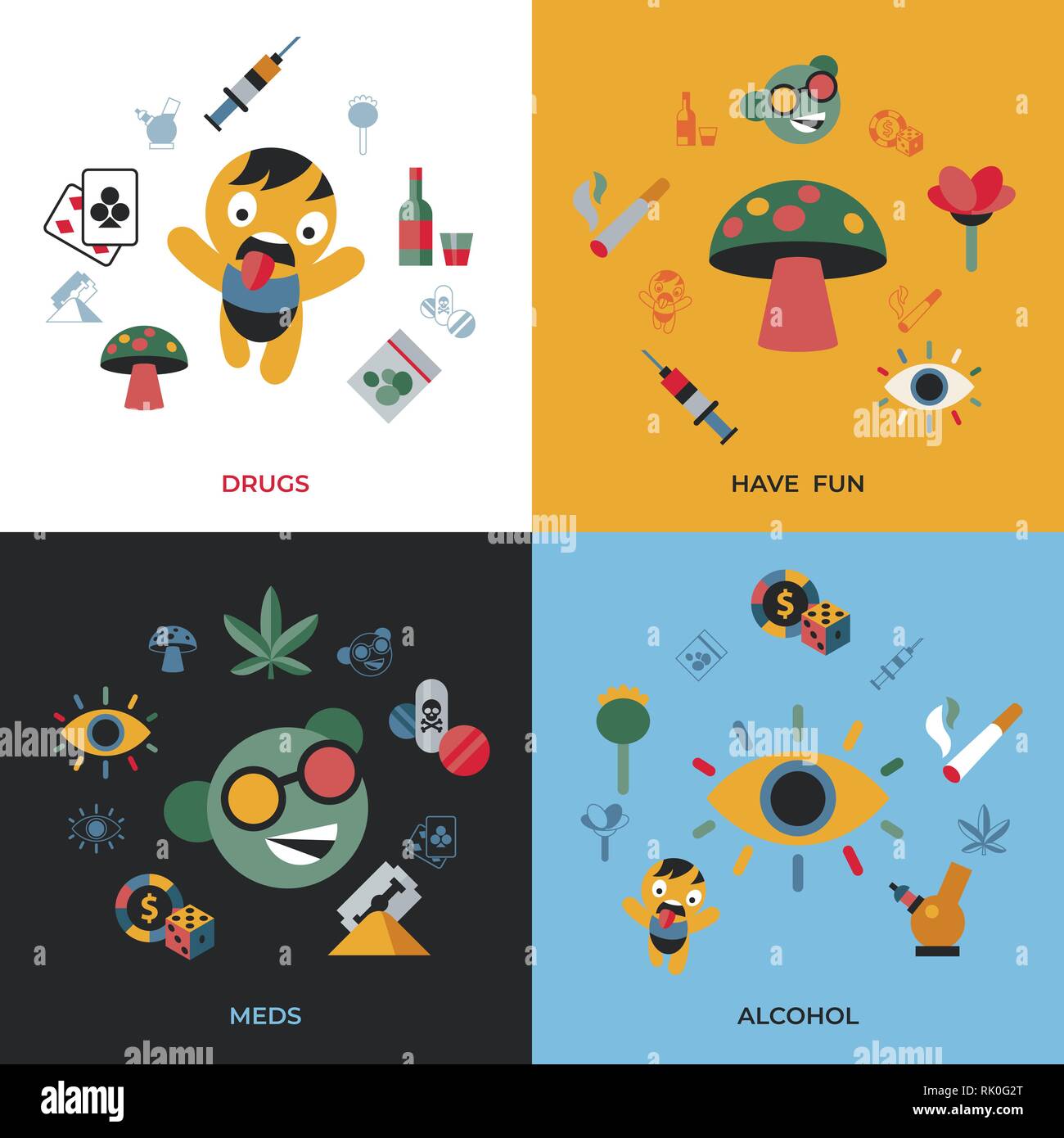 Digital vector having fun freaks and drugs simple icons, flat style ...
