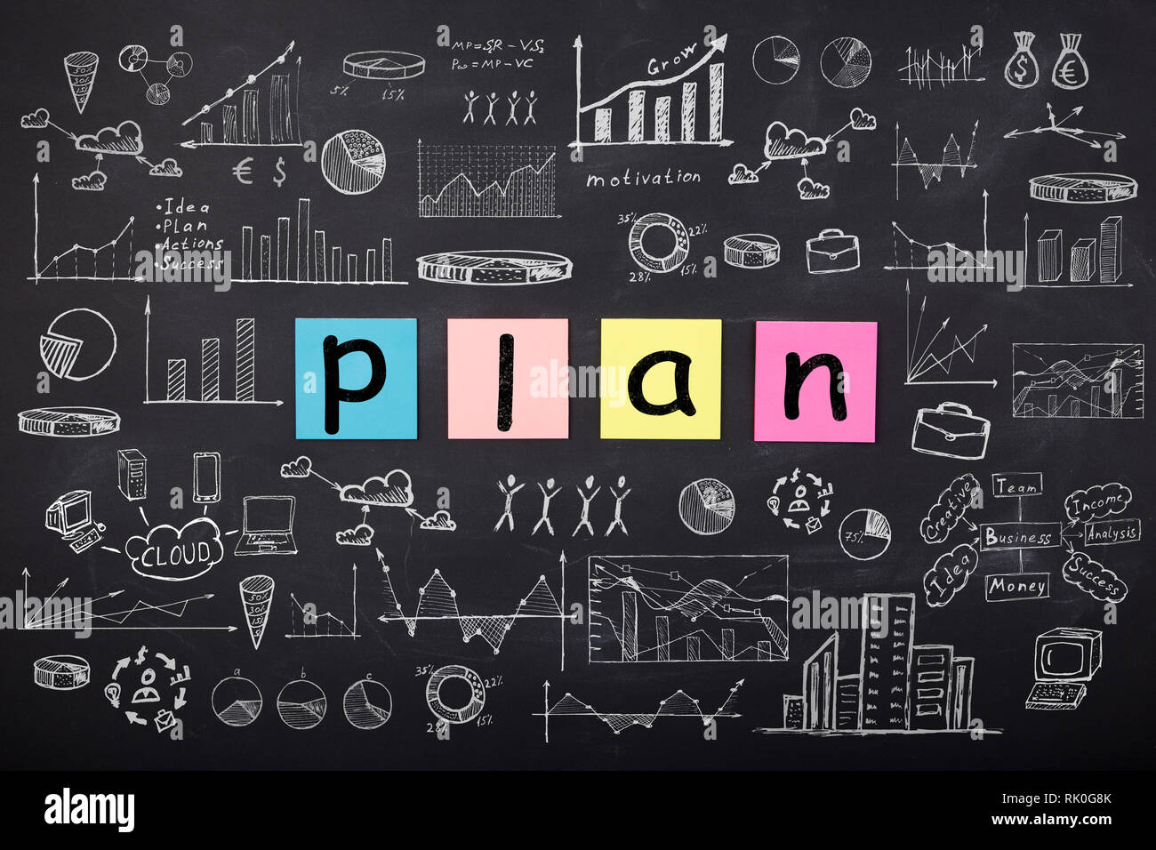 Business concept - word ' Plan ', sketch with schemes and graphs on ...