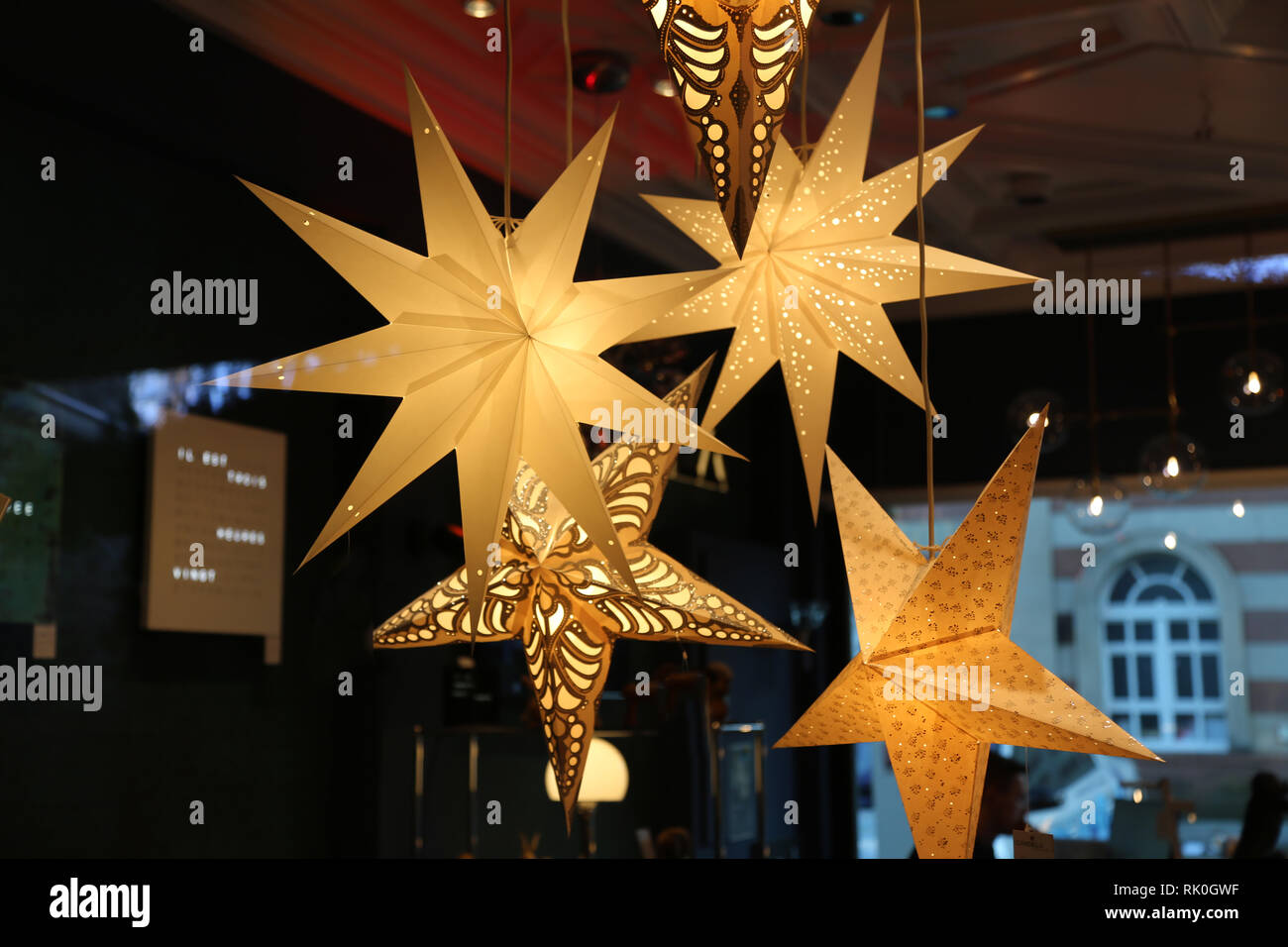 Star lanterns. A background of star lanterns Stock Photo - Alamy