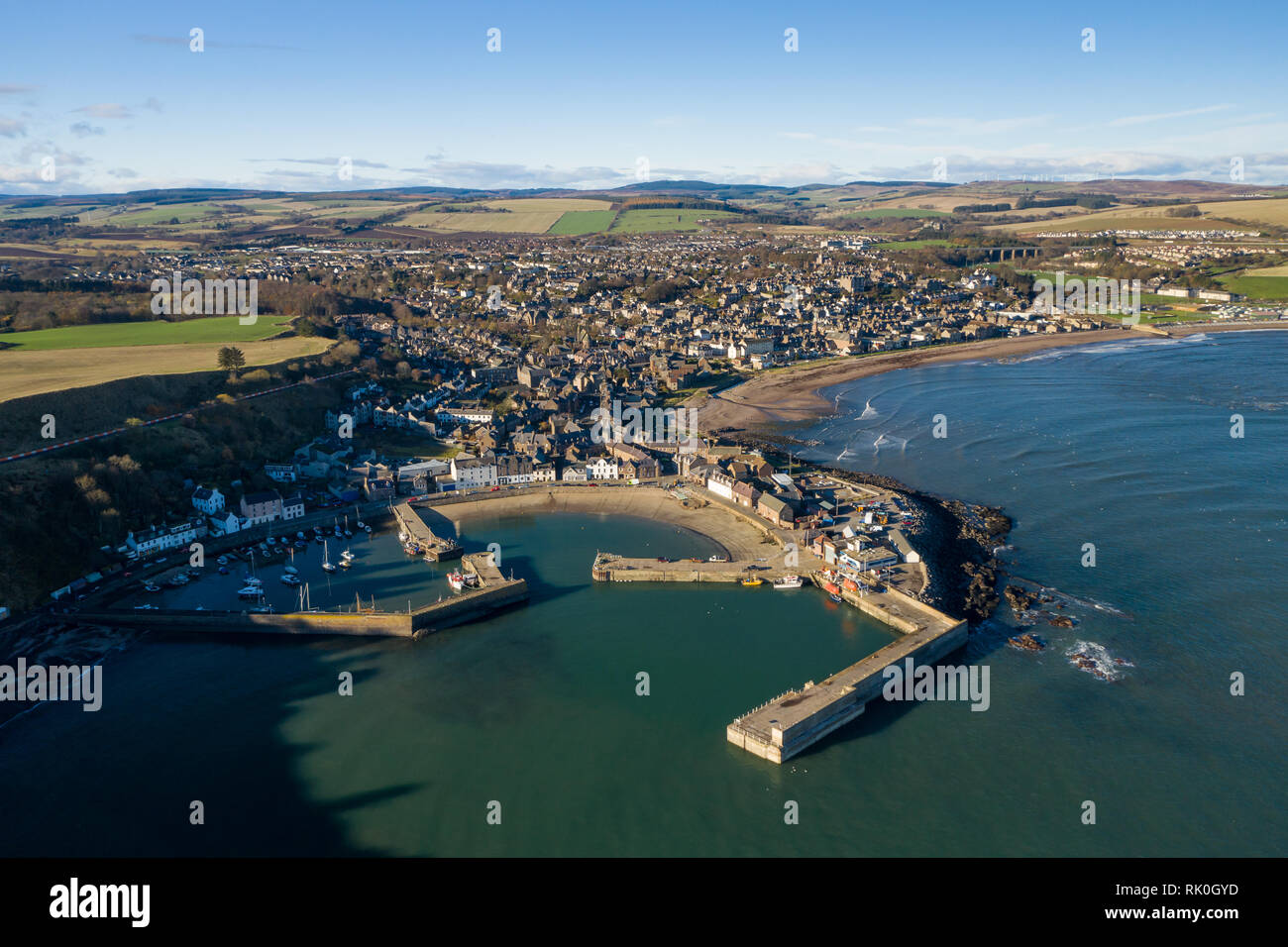 An aerial view of Stonehaven harbour and town on a sunny day ...