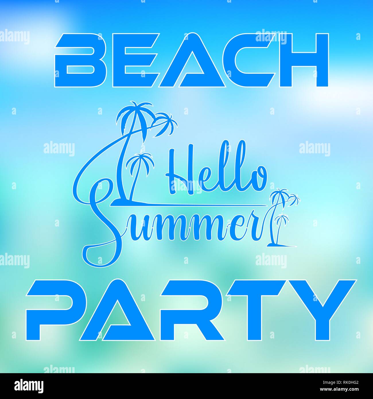 Hello Summer typography with palm trees on island and blurred sea ...