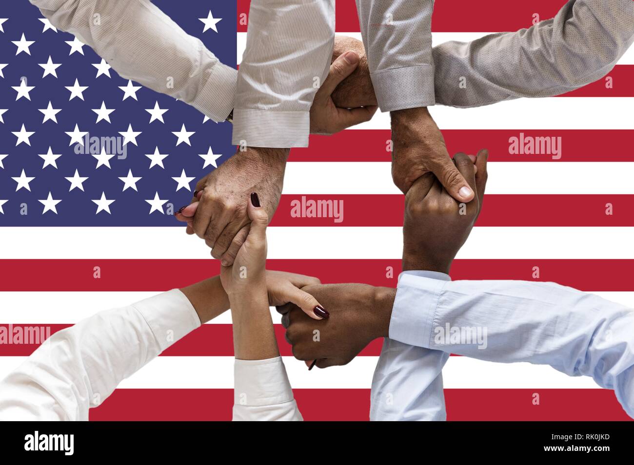 united states flag, intergration of a multicultural group of young ...