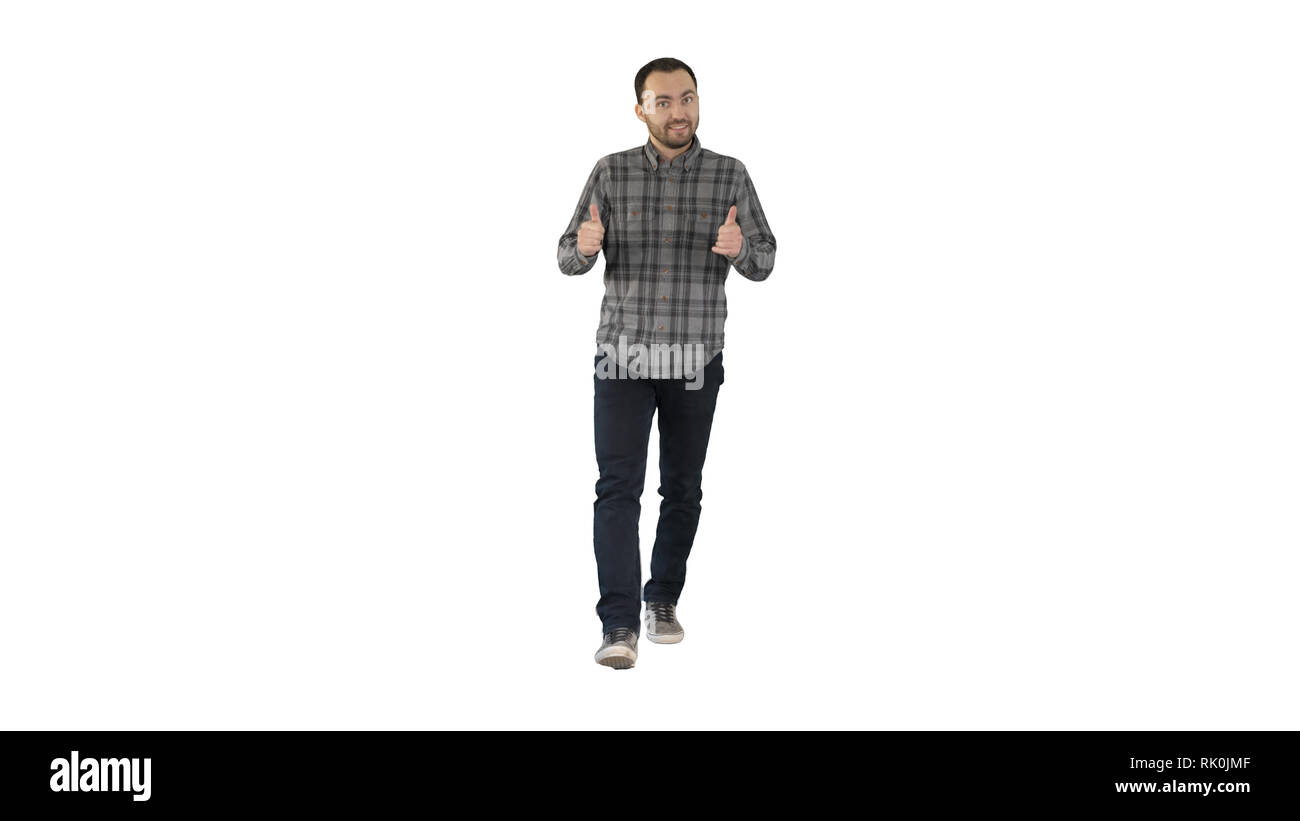 Walking man pointing and explaining something on white background Stock ...