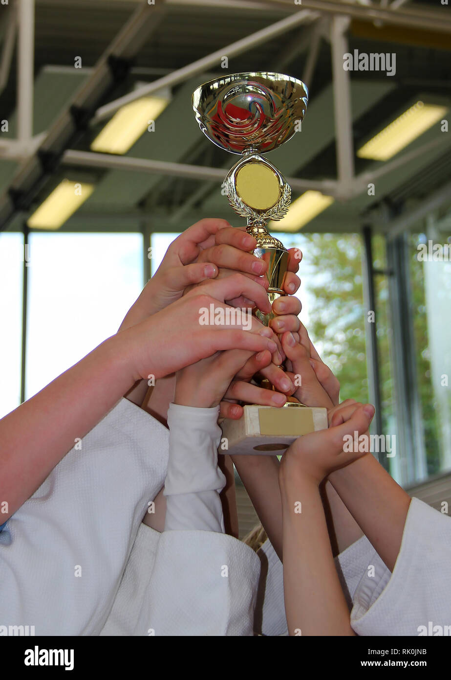 The cup won in the competition in the hands of athletes Stock Photo - Alamy