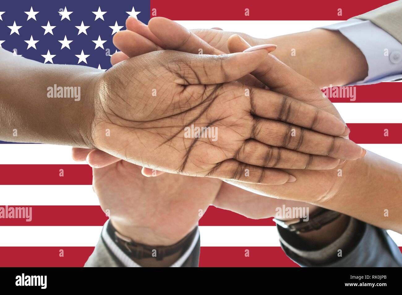 united states flag, intergration of a multicultural group of young ...