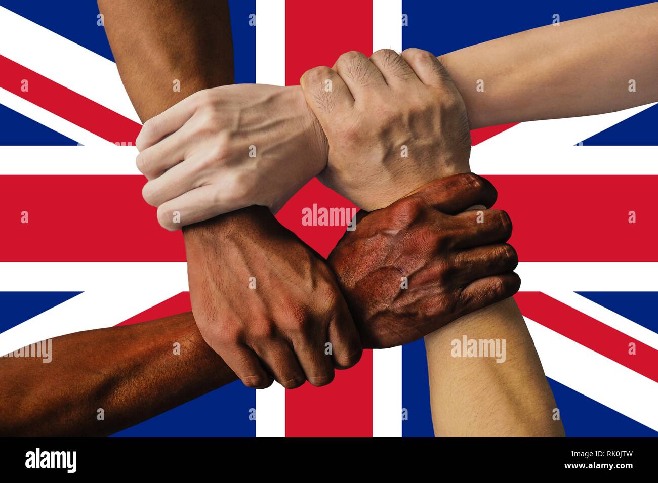 united kingdom flag, intergration of a multicultural group of young ...