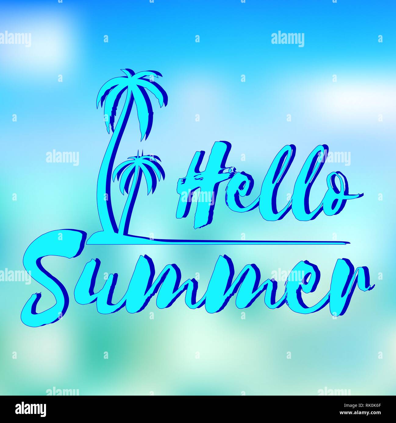 Hello Summer typography with palm trees on island and blurred sea ...