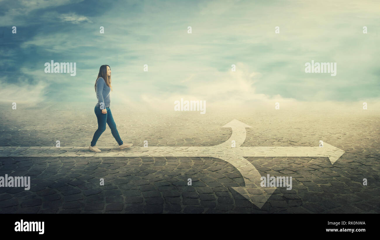 Surreal view as woman walking on a line in front of a crossroad ... Surreal view as woman walking on a line in front of a crossroad ...