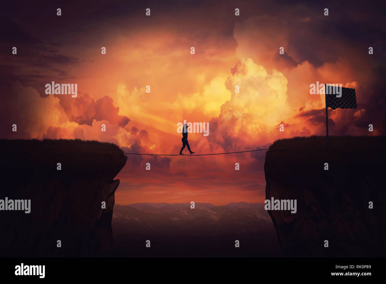 Surreal challenge overcome as woman cross chasm conquering obstacle ...